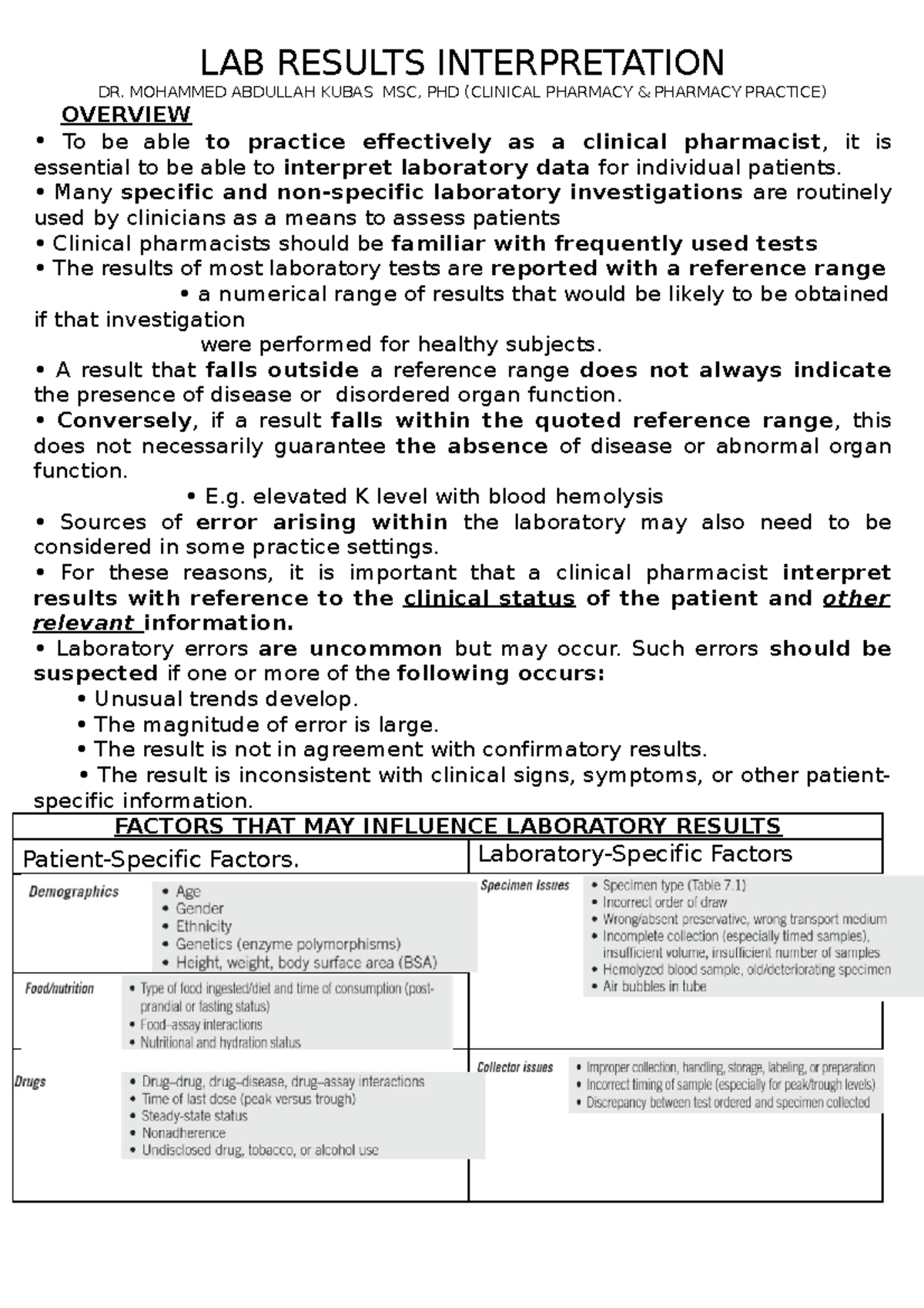 LAB Results Interpretation - Pharmacist Osama Alabsi - SU - Studocu