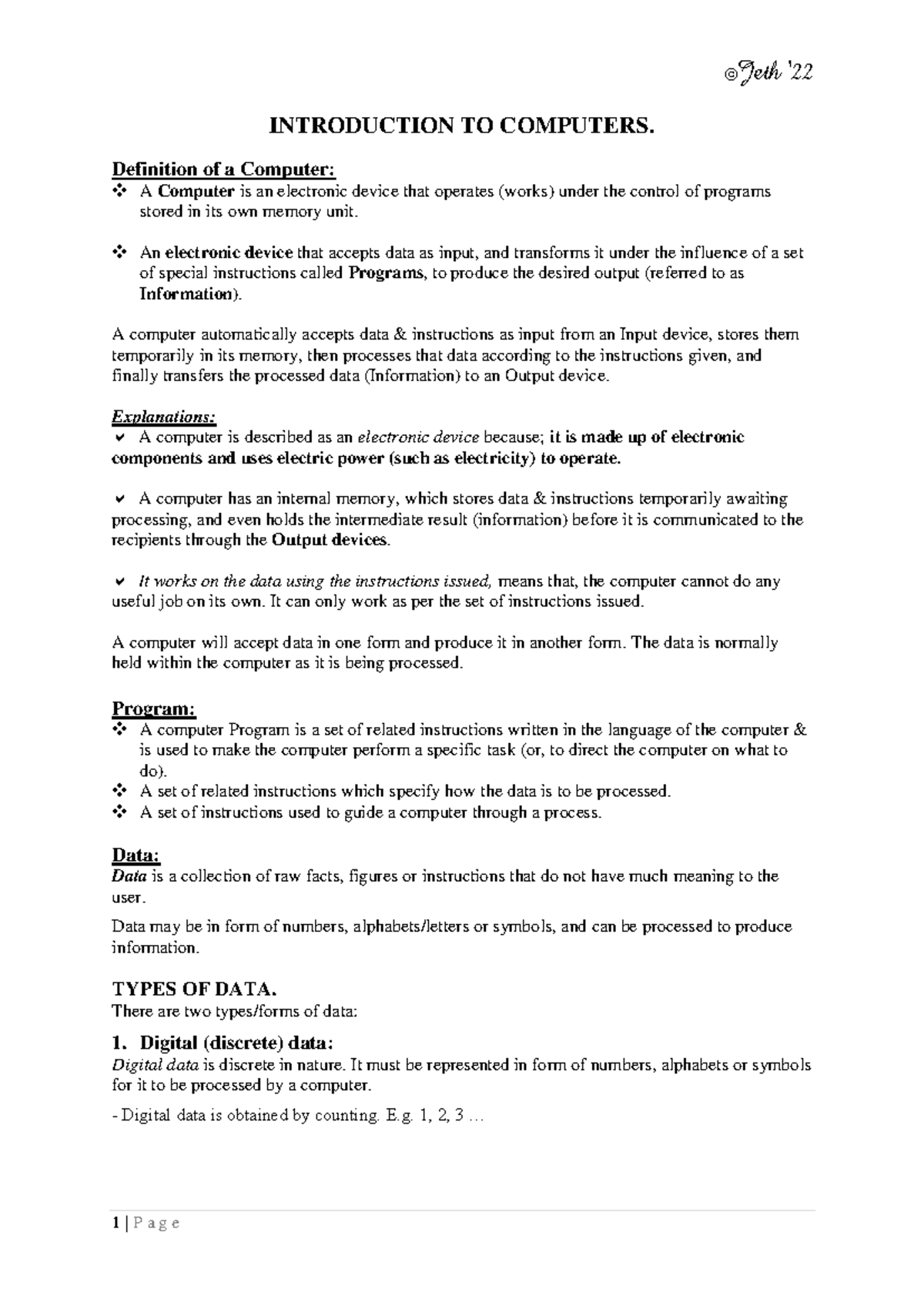 Introduction TO Computers - INTRODUCTION TO COMPUTERS. Definition of a Computer: A Computer is ...