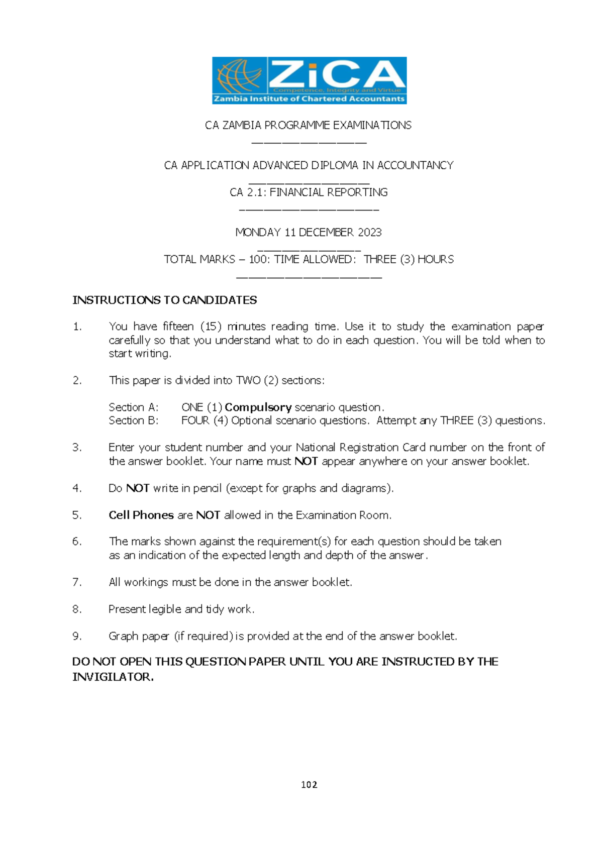 Zica dec 2023 - Practice question - CA ZAMBIA PROGRAMME EXAMINATIONS ...