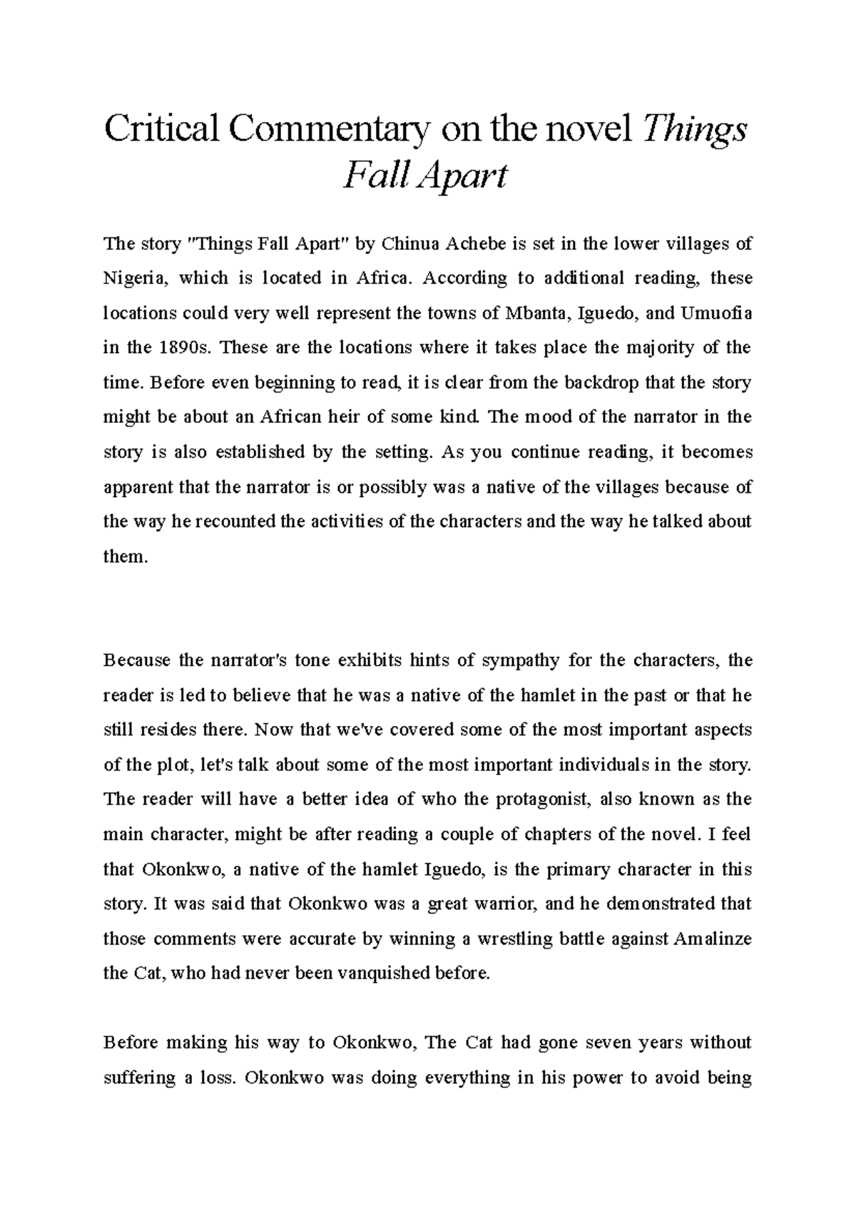 Critical Commentary on the novel Things Fall Apart - Critical ...