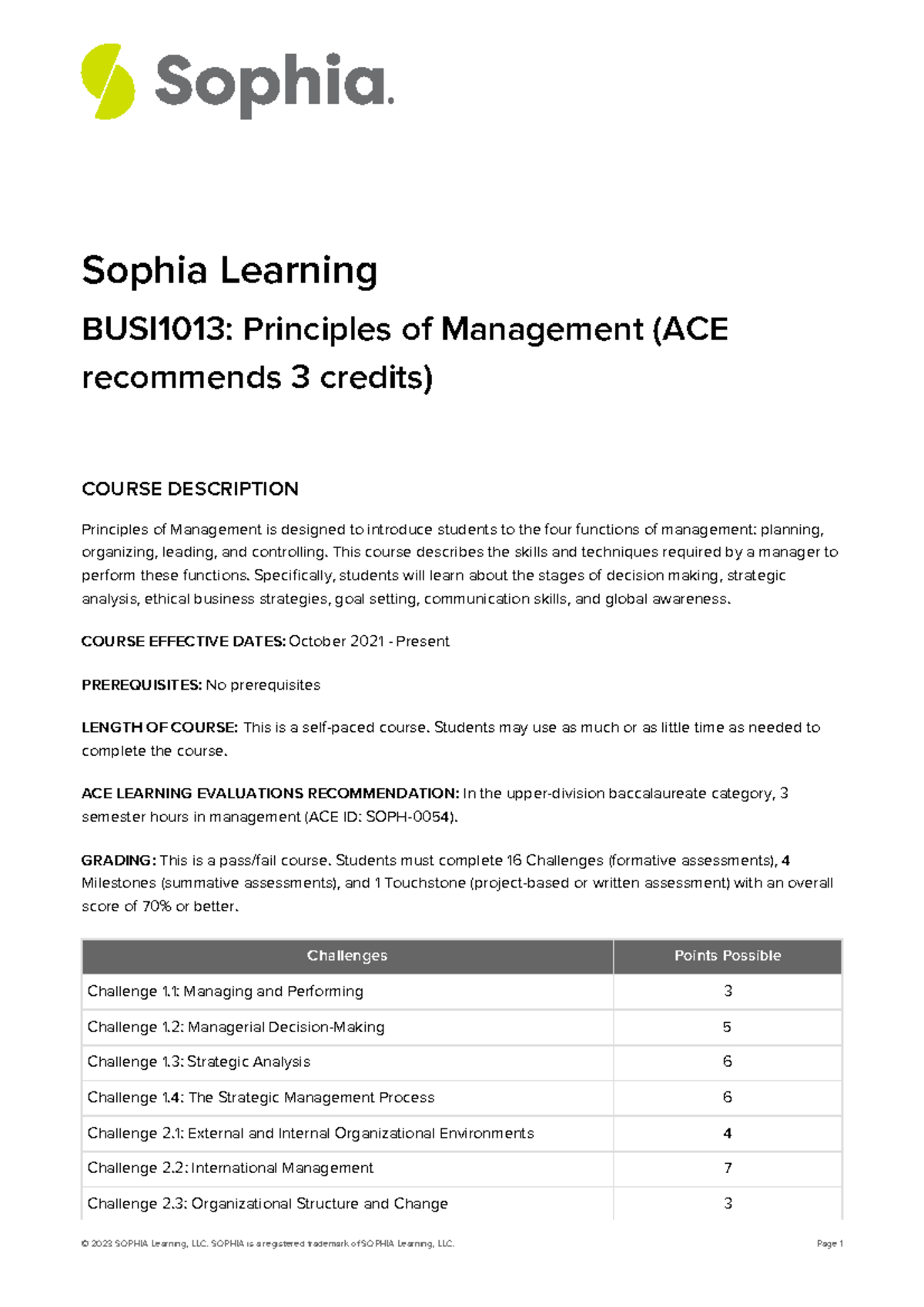 Sophia principles of management syllabus - Sophia Learning BUSI1013 ...