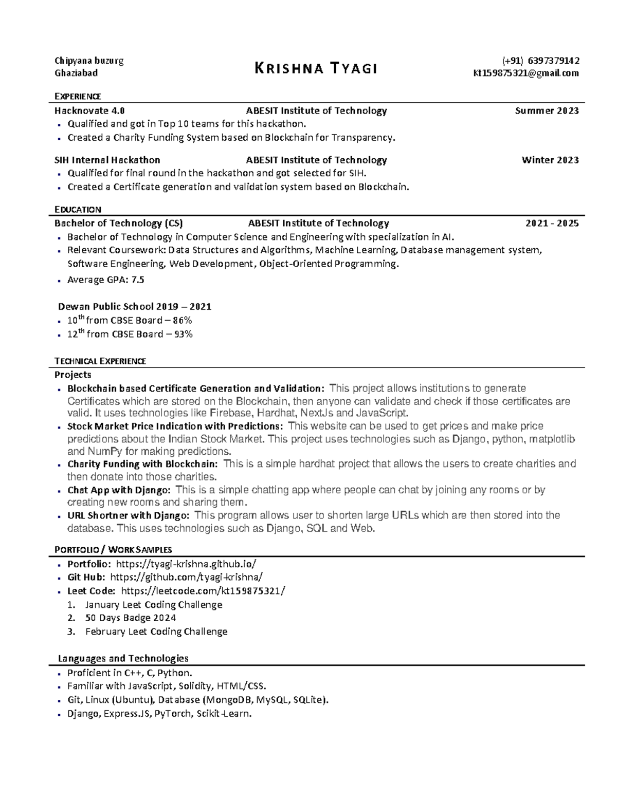 Resume - Chipyana buzurg Ghaziabad K R I S H N A T Y A G I (+91 ...