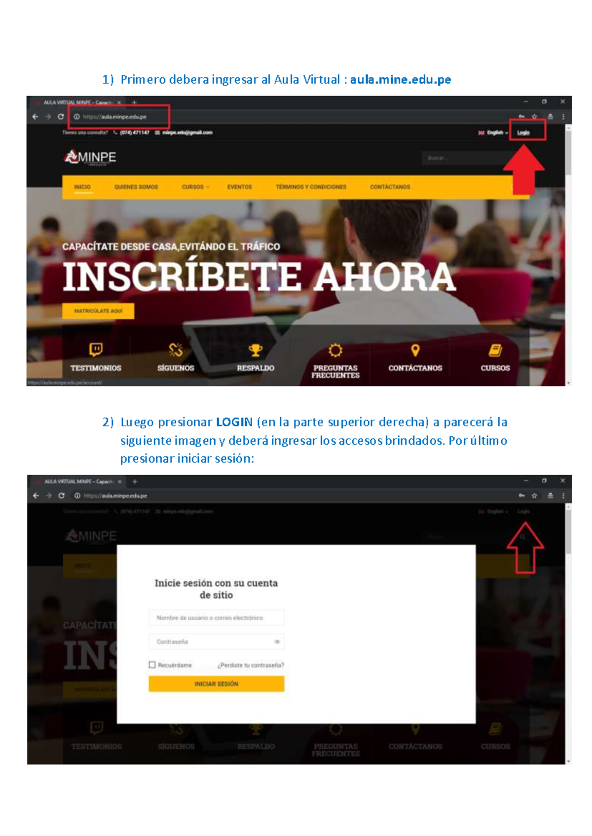 Manual DE Ingreso AULA Minpe - Primero debera ingresar al Aula Virtual ...