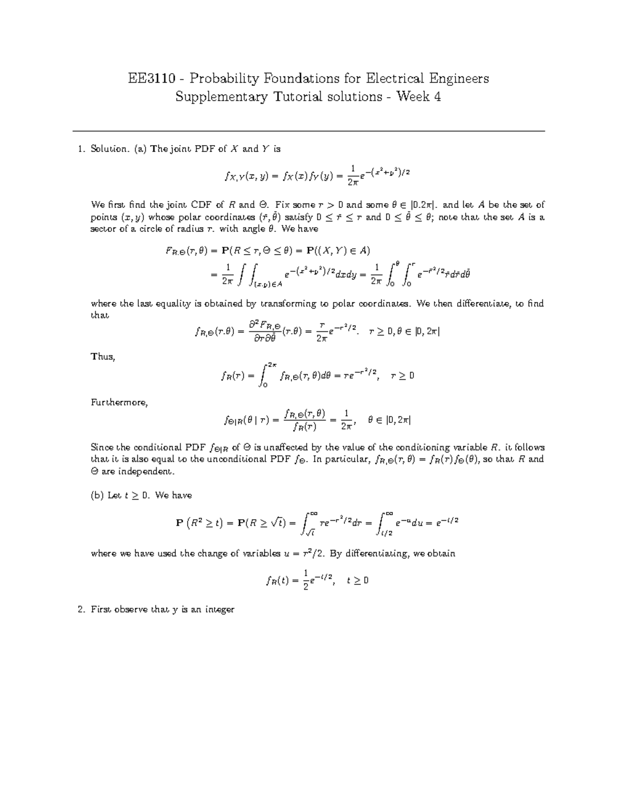 Sup tutorial 4 solutions - EE3110 - Probability Foundations for Electrical Engineers ...