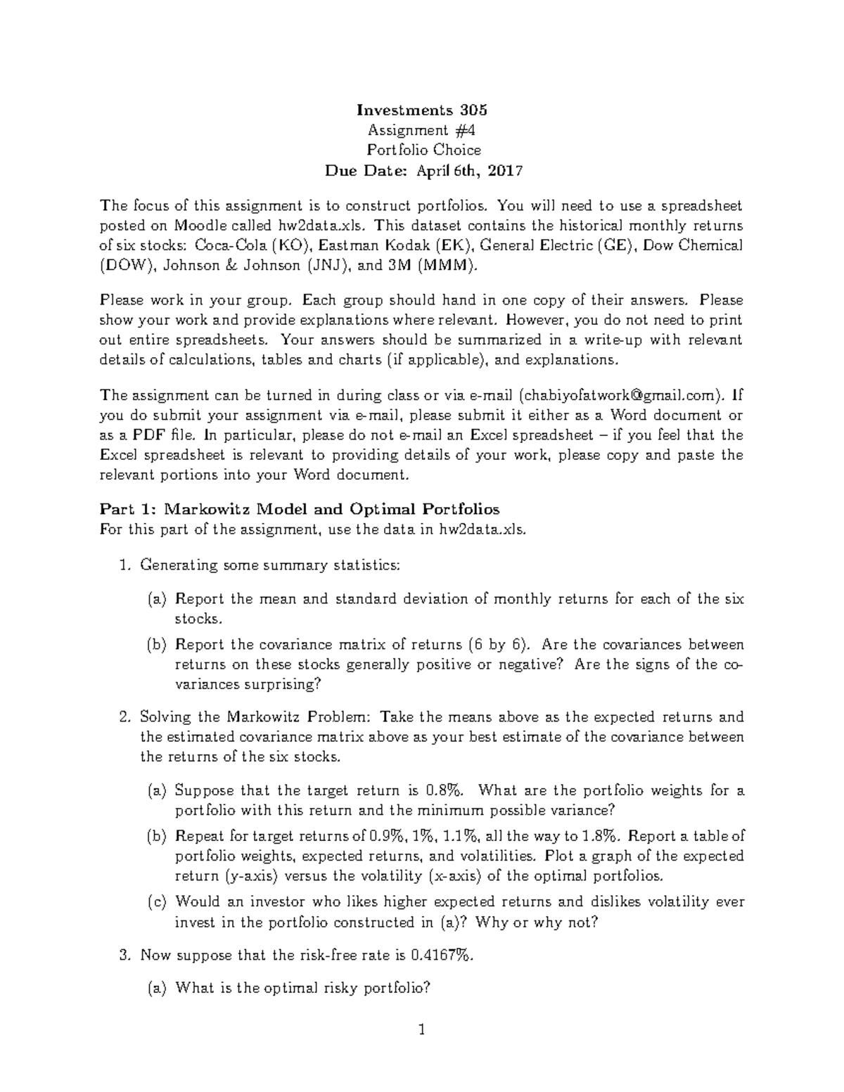 Assignment 4 305 Questions For Hw 4 Investments 305 Assignment 4 Portfolio Choice Due Date