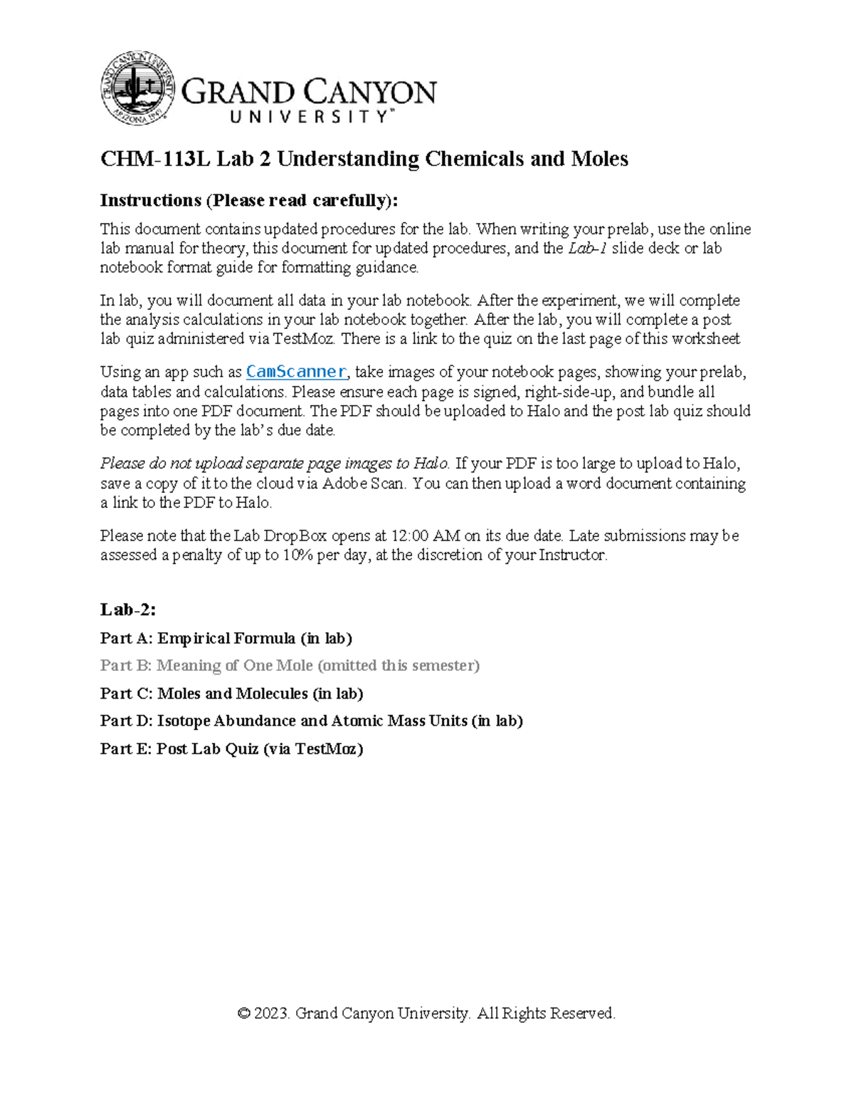 CHM113L L2 Chemicals Moles Updated Procedures SP24 - CHM-113L Lab 2 Understanding Chemicals and ...