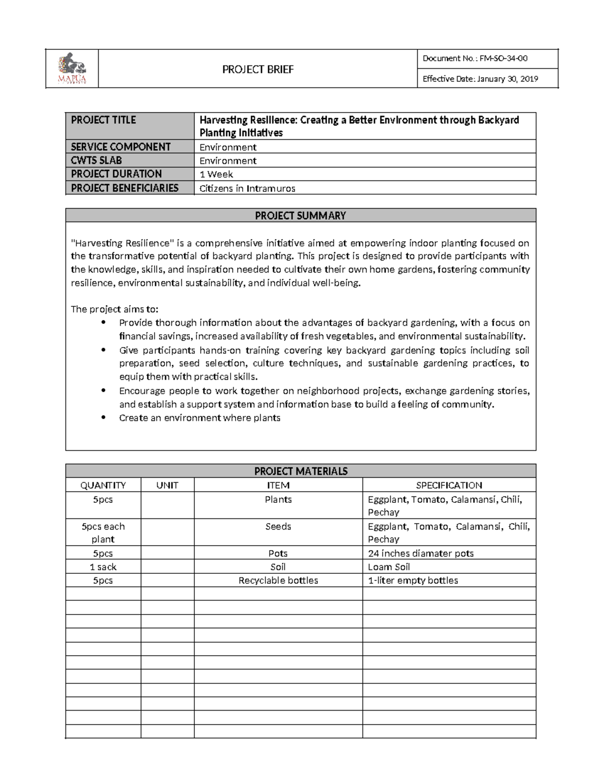 Project Brief - PROJECT BRIEF Document No.: FM-SO-34- Effective Date ...