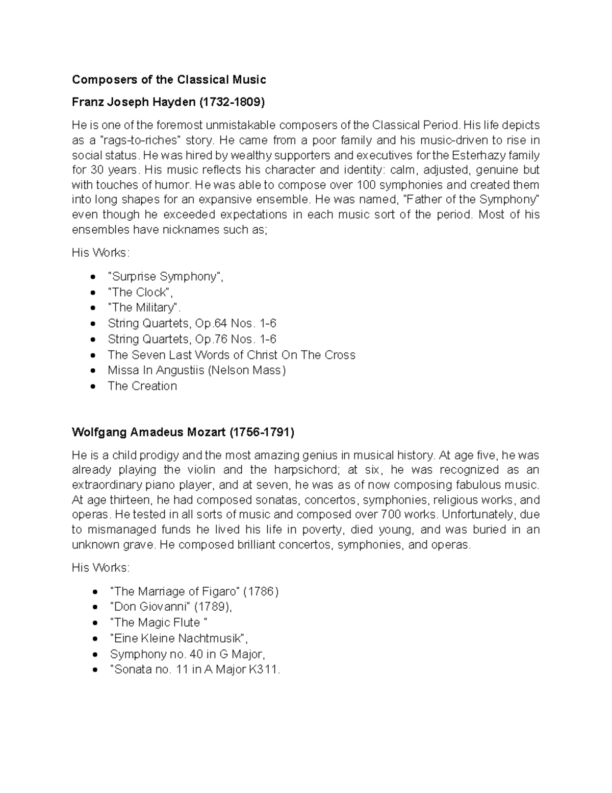 Composers of the Classical Music - Bsed Social Studies - Studocu