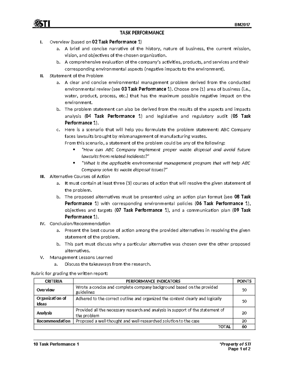 10 Task Performance 17-1 - BM 10 Task Performance 1 *Property of STI Page 1 of 2 TASK ...