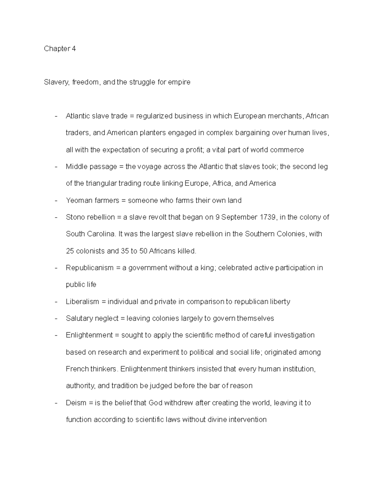 History notes 3 - Chapter 4 Slavery, freedom, and the struggle for ...