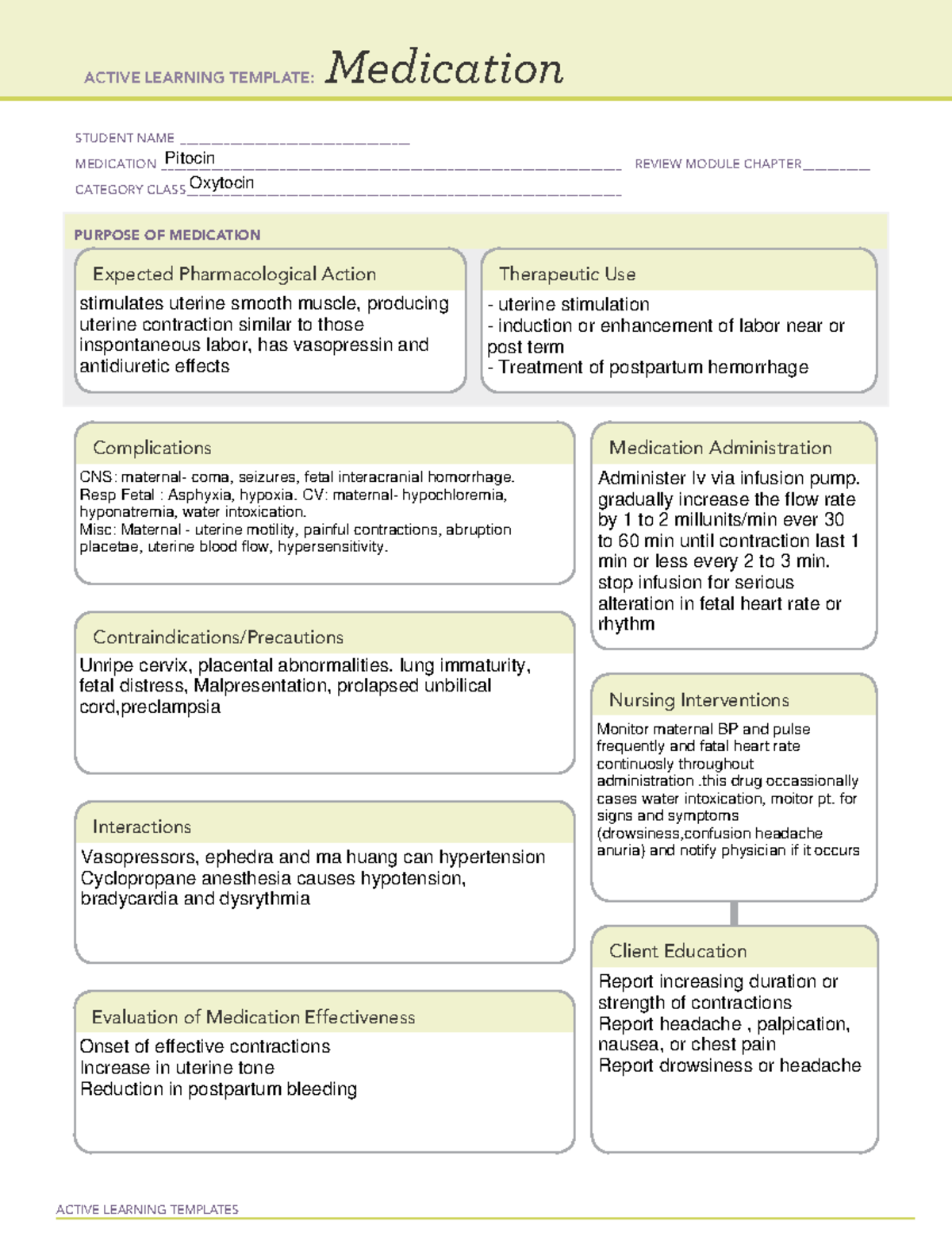 Pitocin - Med template - ACTIVE LEARNING TEMPLATES Medication STUDENT ...