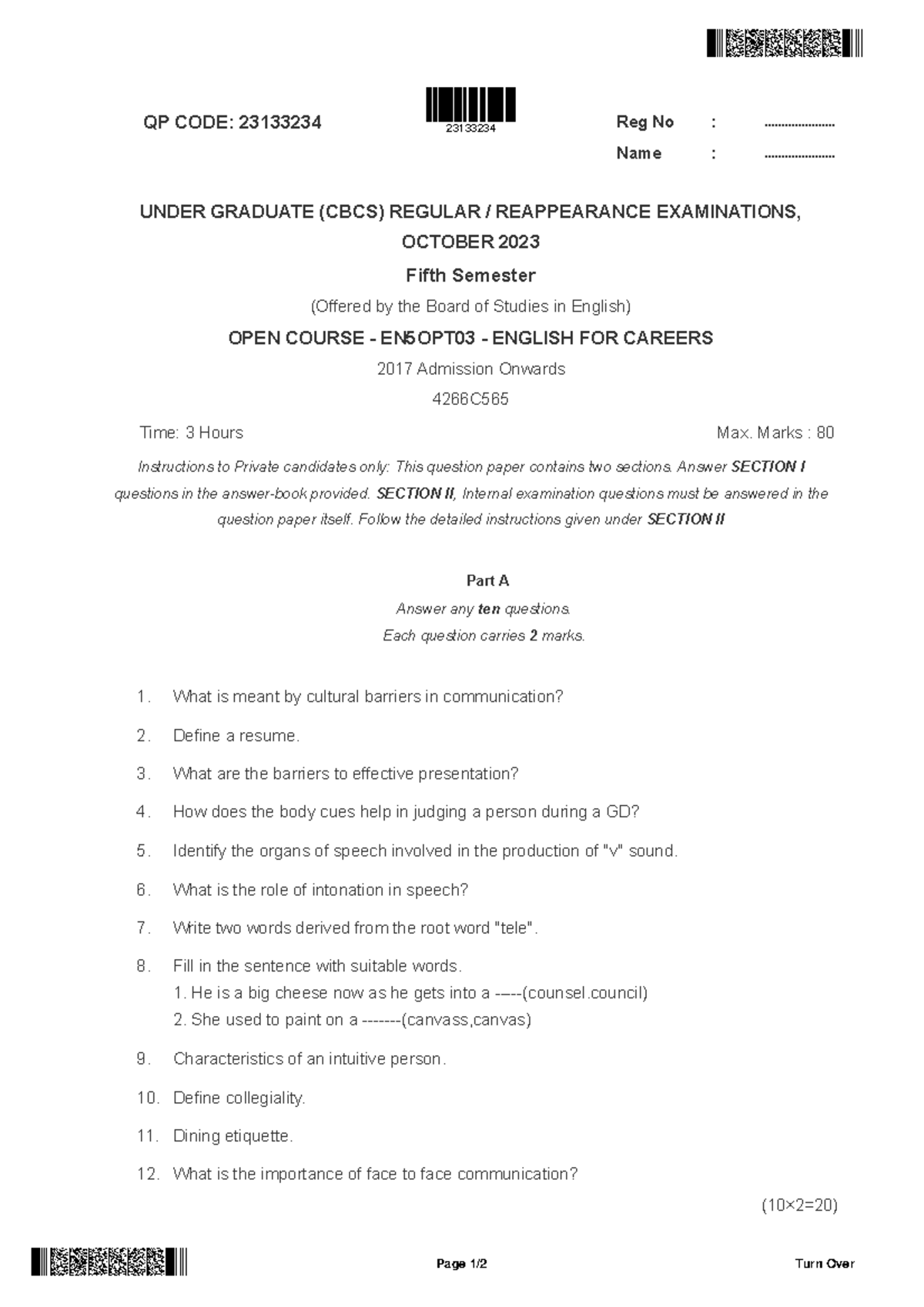 English FOR Careers - Gyy87y8fuy - QP CODE: 23133234 Reg No : ..................... ####### Name ...