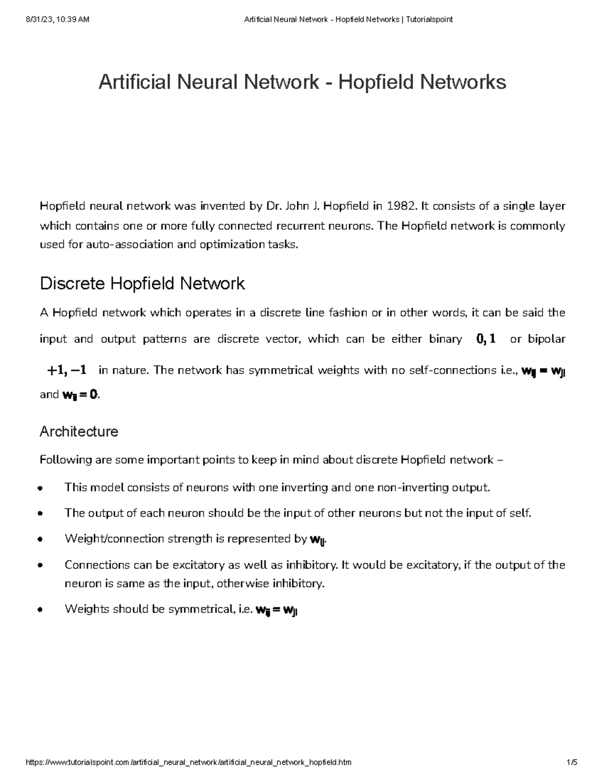 Artificial Neural Network Hopfield Networks Tutorialspoint Artificial Neural Network