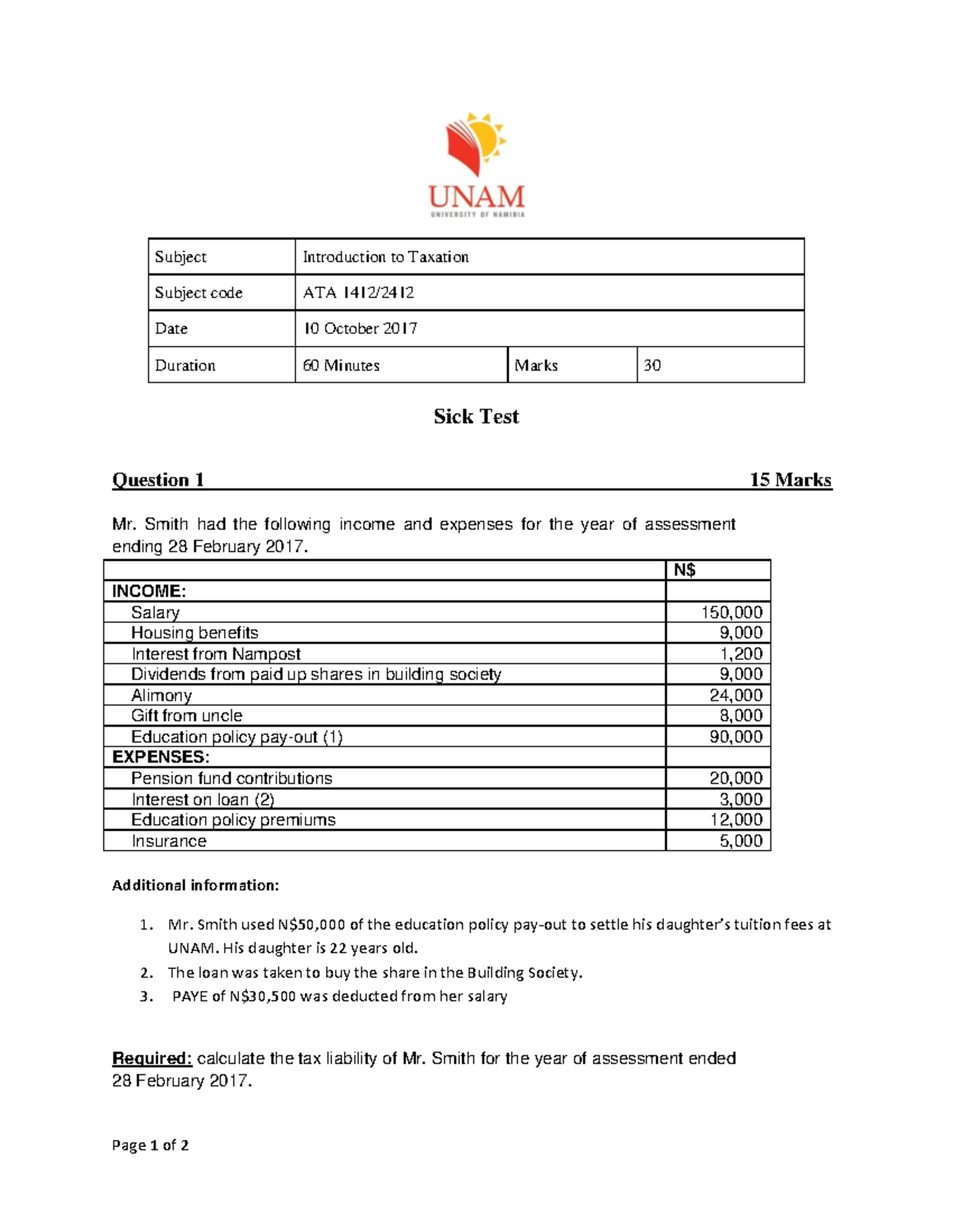 Sick test - 2017 - Make-up test for those who missed first test. - Page ...
