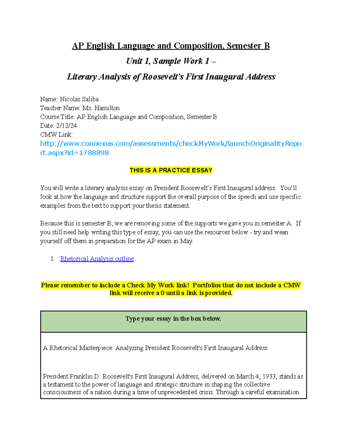 Nicolas Saliba Sample Work 1 - Roosevelt First Inaugural.docx - AP ...