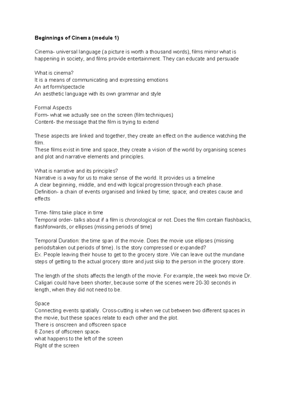 Film 100 Module 1 lecture notes - Beginnings of Cinema (module 1 ...