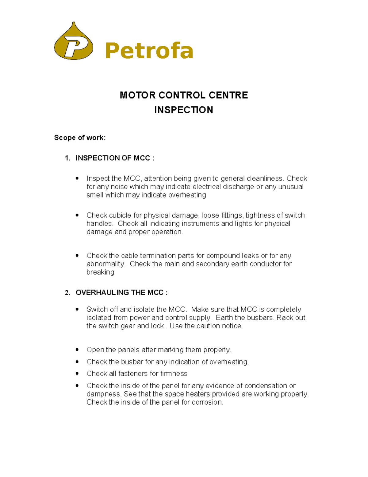 Inspection motor Control Centre - Petrofa MOTOR CONTROL CENTRE ...