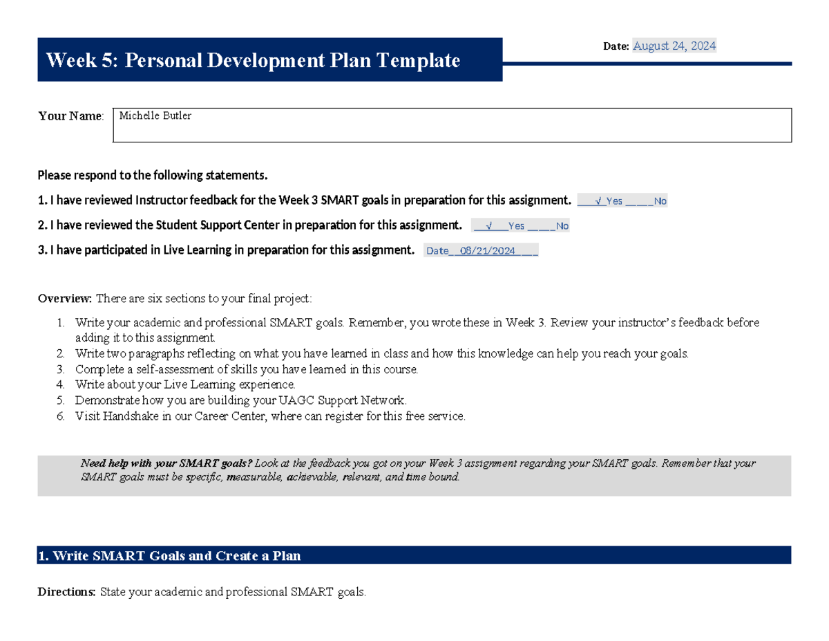 Final Week 5 Personal Development Plan Template 5 - Date: August 24 ...