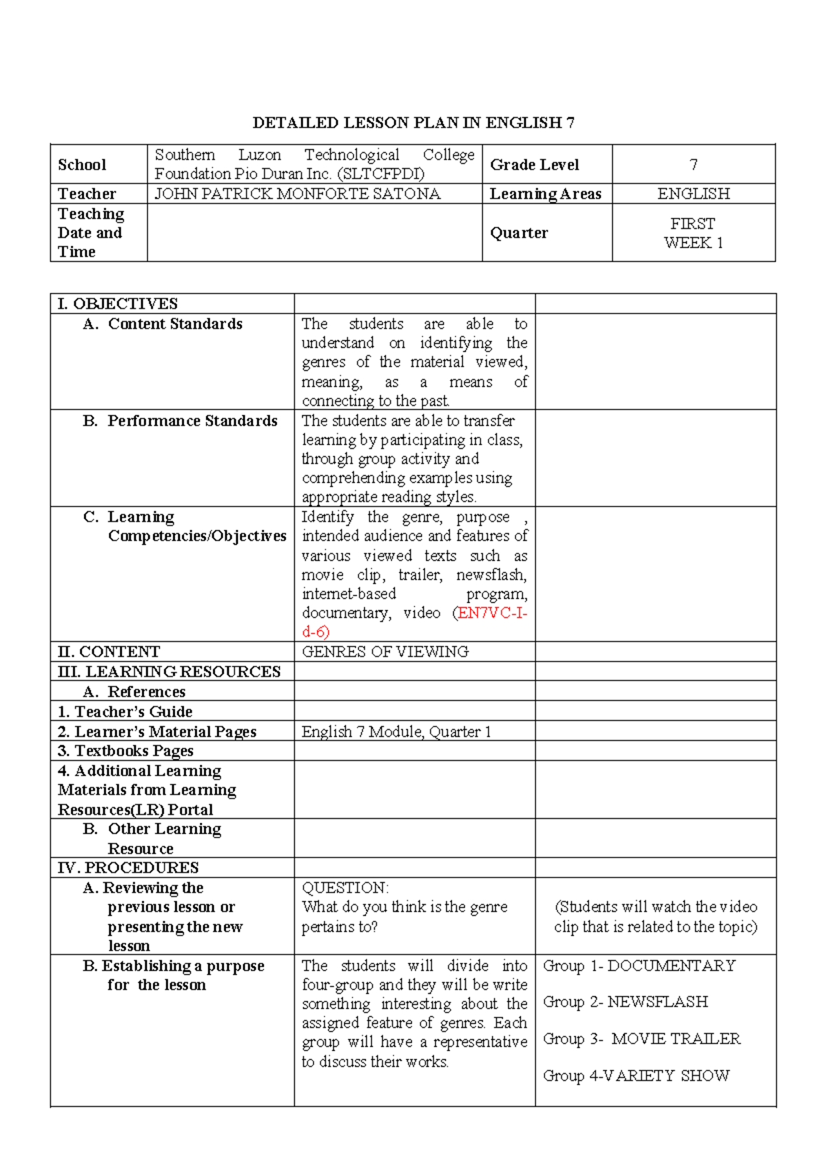 Final Demo Lesson Plan - References - DETAILED LESSON PLAN IN ENGLISH 7 ...