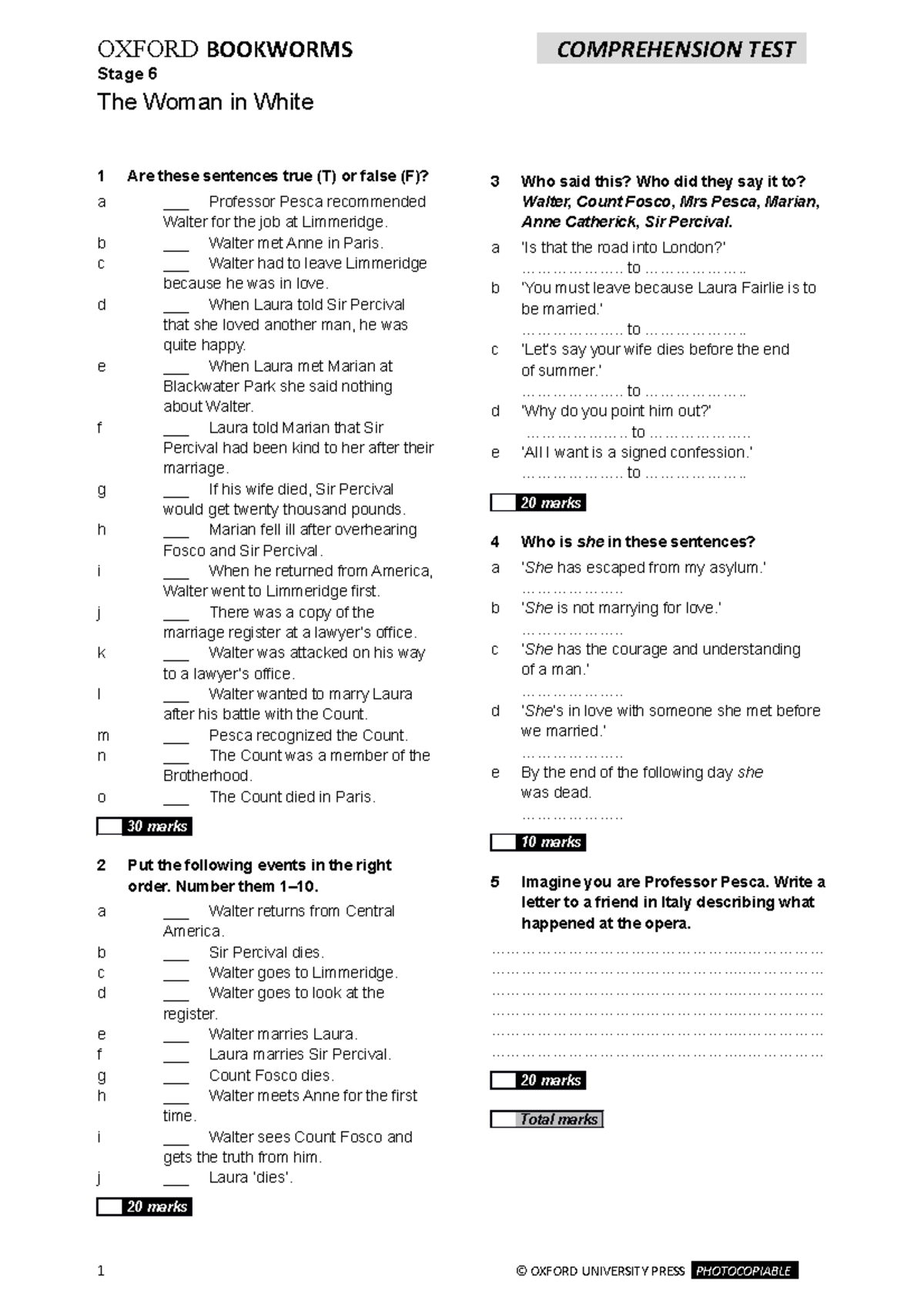 Obw the woman in white - answers - OXFORD BOOKWORMS COMPREHENSION TEST ...