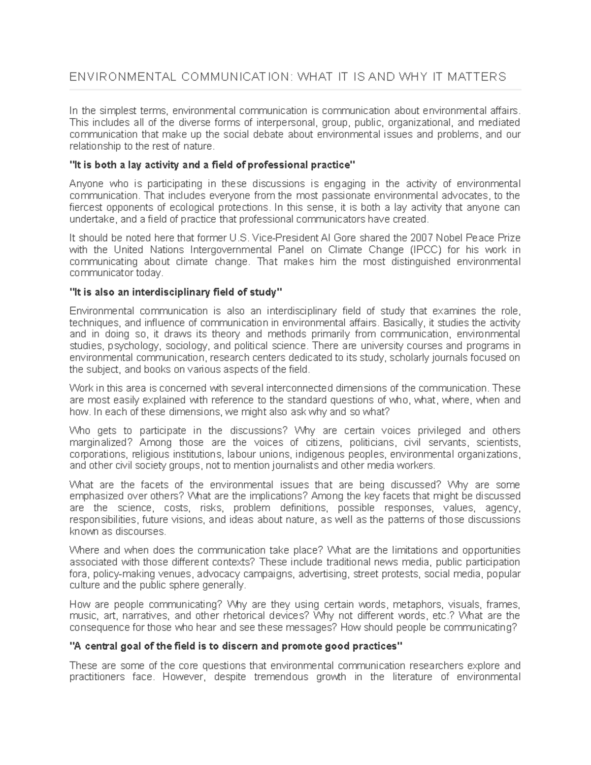 Envi Comm Intro - ENVIRONMENTAL COMMUNICATION: WHAT IT IS AND WHY IT ...