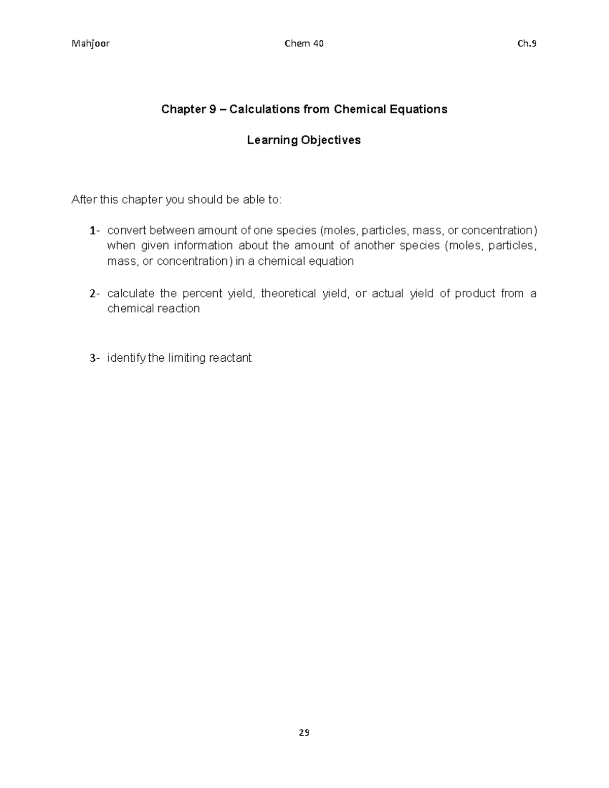 HW 9: Calculations from Chemical Equations - Chapter 9 – Calculations ...