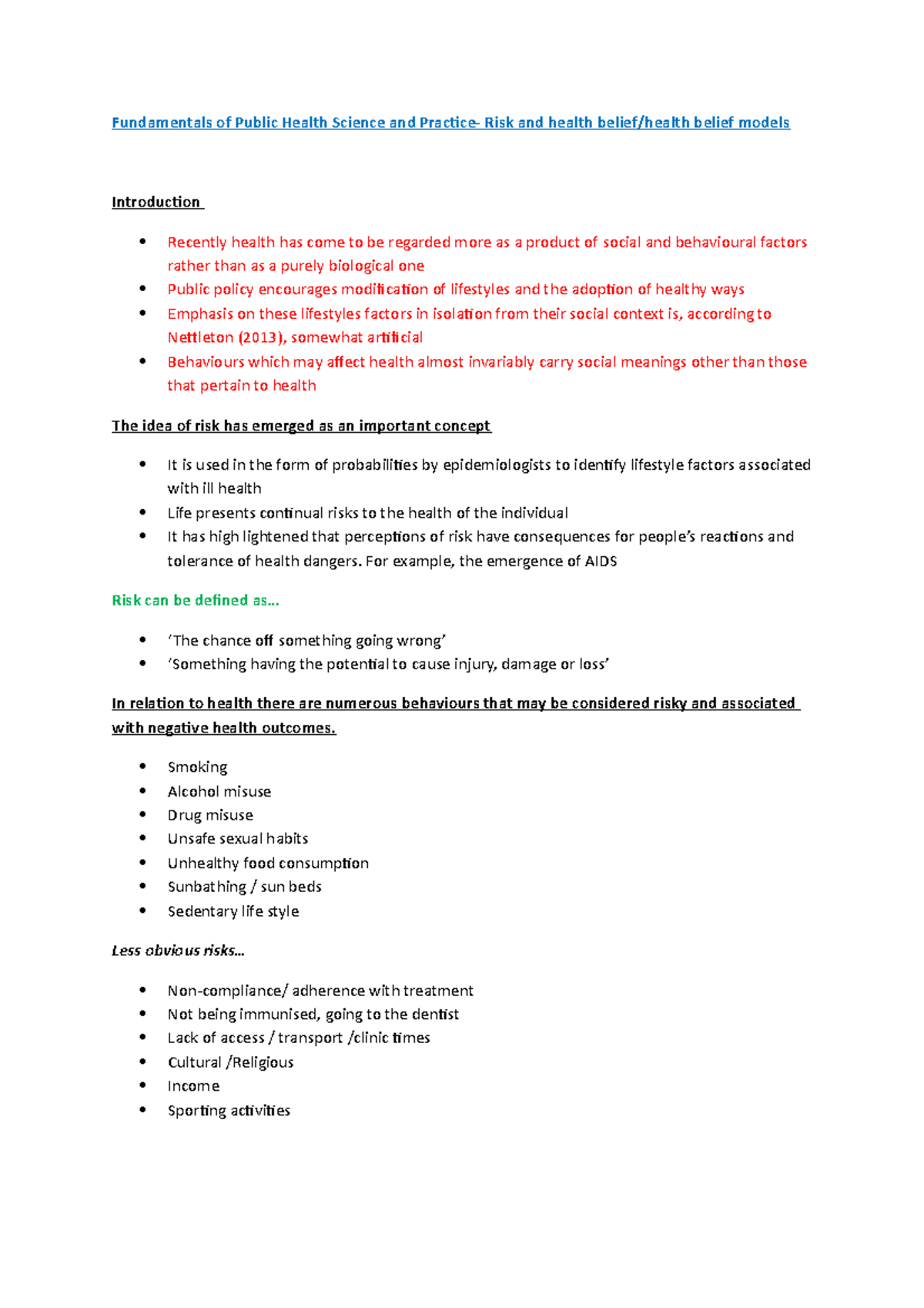 Fundamentals of Public Health Science and Practice- risks - For example ...