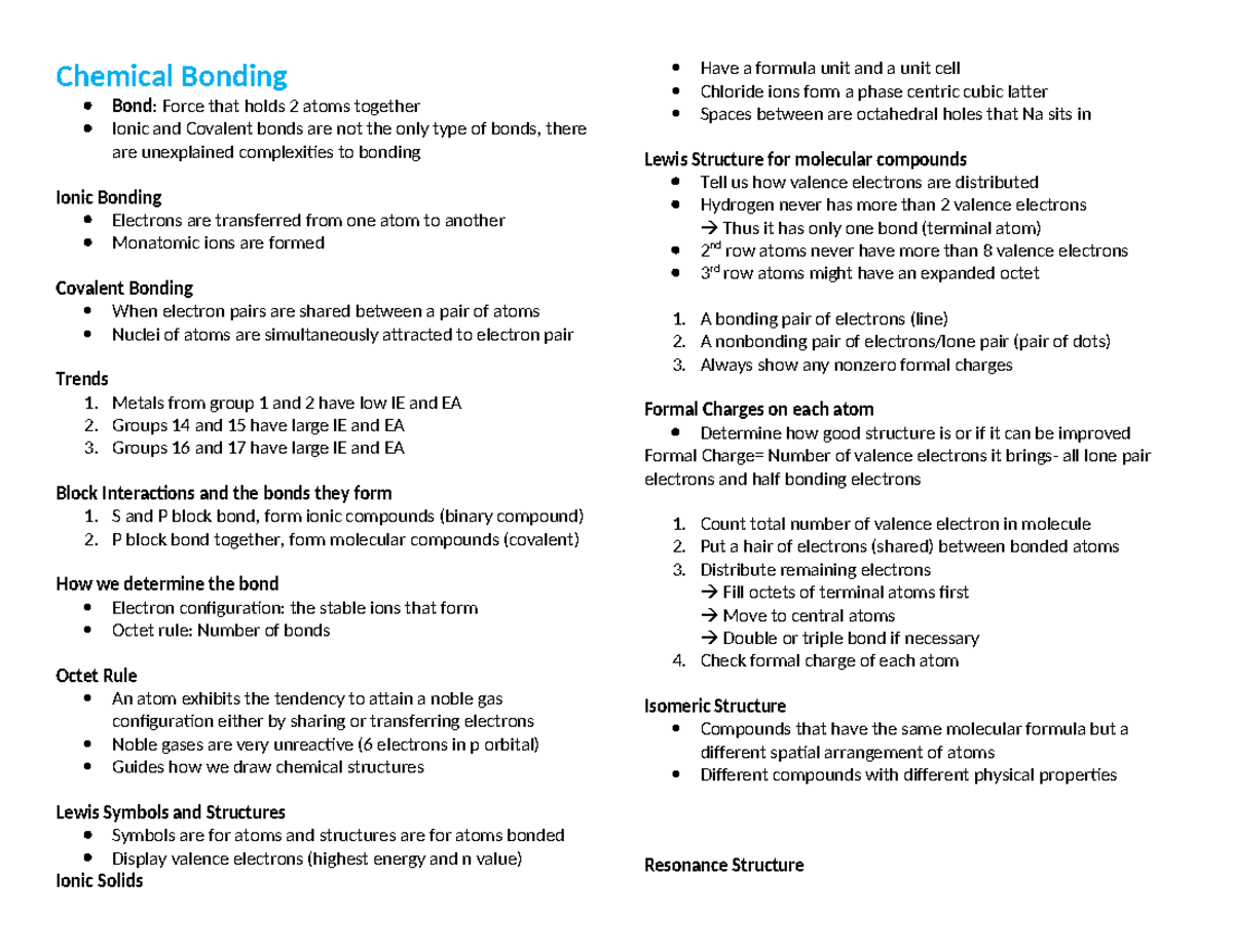 Chemical Bonding - lecture notes - Chemical Bonding Bond: Force that ...