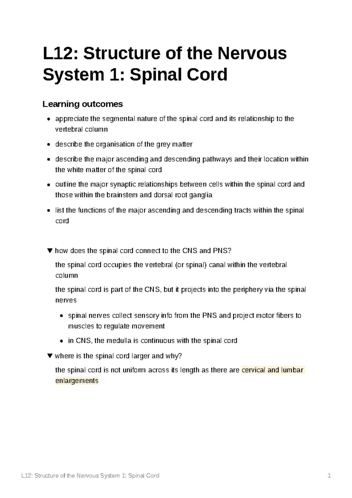 Spinal Cord lecture notes - L12: Structure of the Nervous System 1 ...