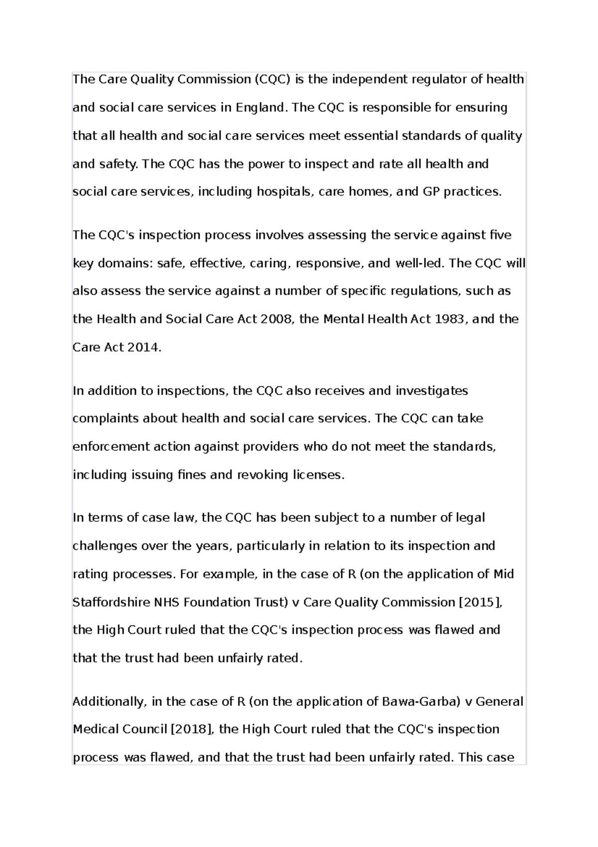 The Care Quality Commission and regulation of healthcare in the UK ...