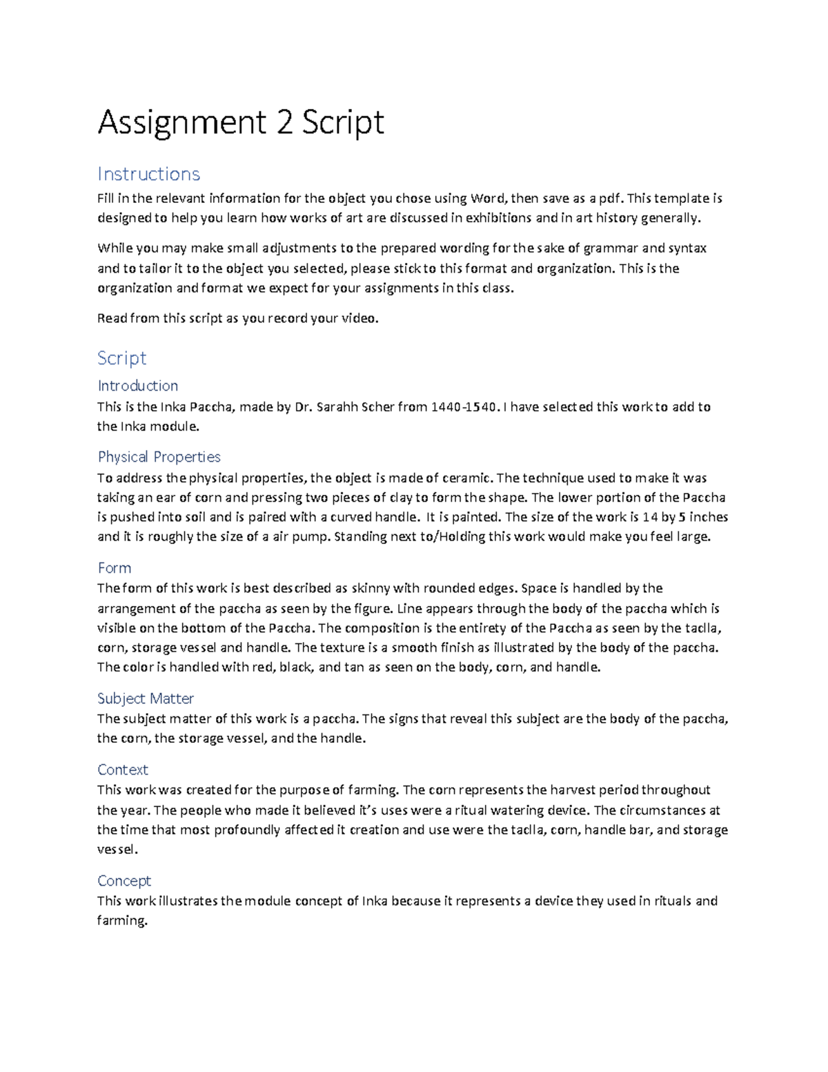 Assignment 2 Script Art History Assignment 2 Script Instructions