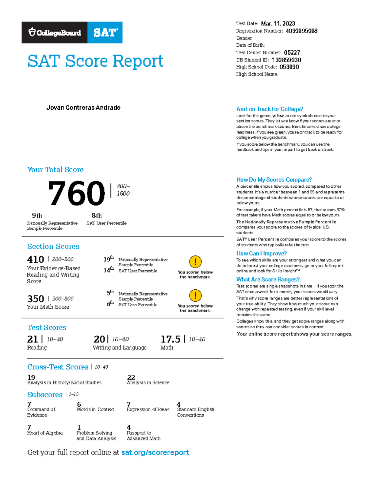 SATStudent Score Report 1698988496295 - SAT Score Report Am I on Track ...