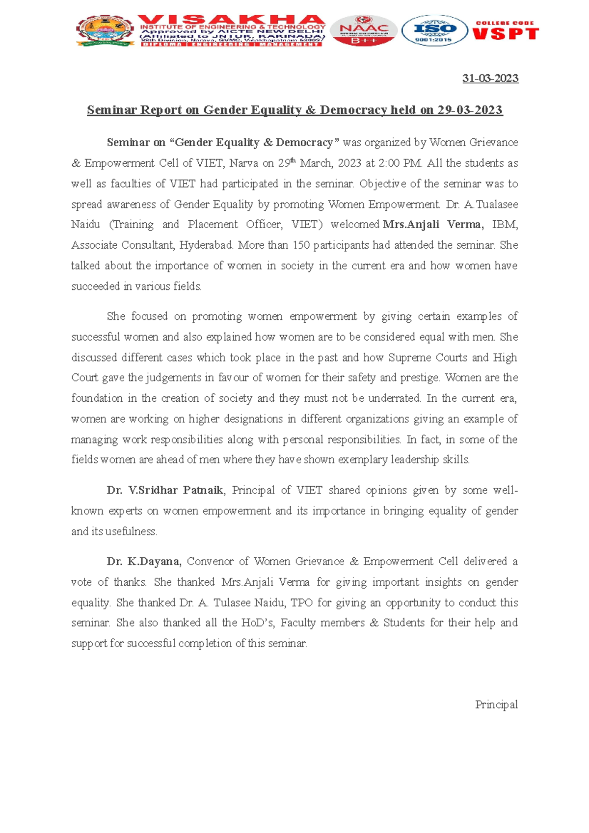 1.Report on gender equality 2023 - 31-03- Seminar Report on Gender ...