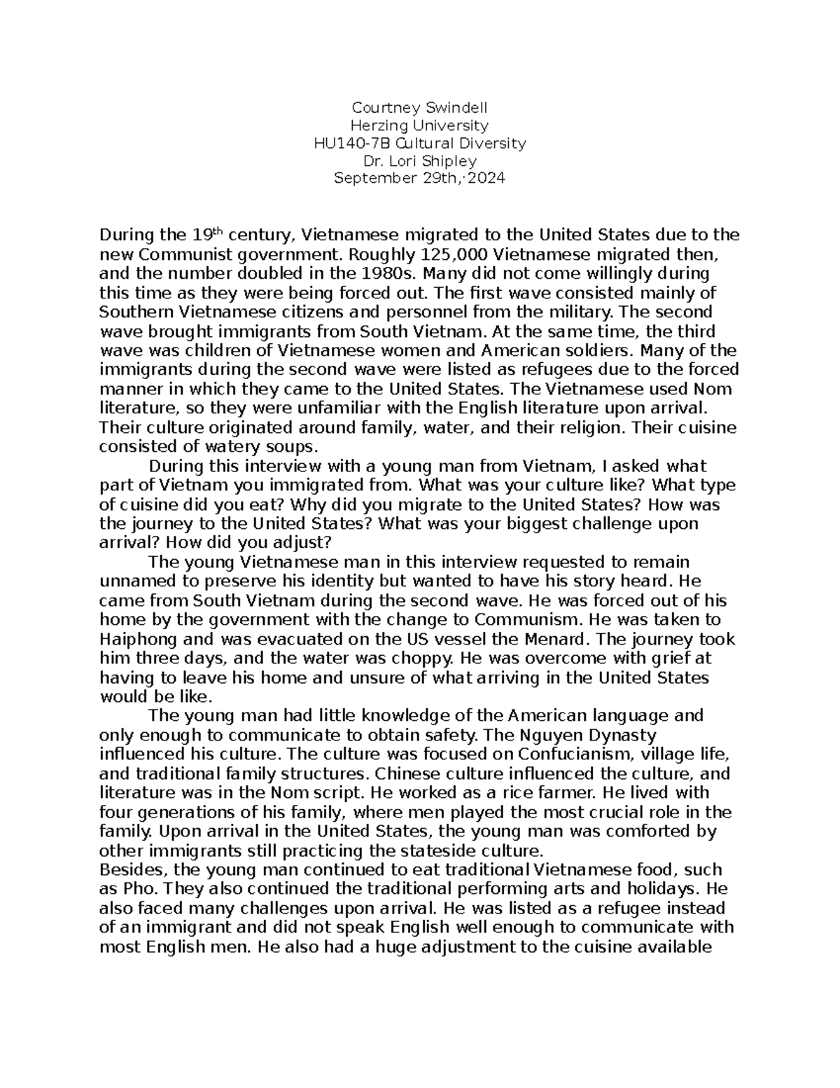 Assignment Mod 4Cultural Diversity - Courtney Swindell Herzing ...