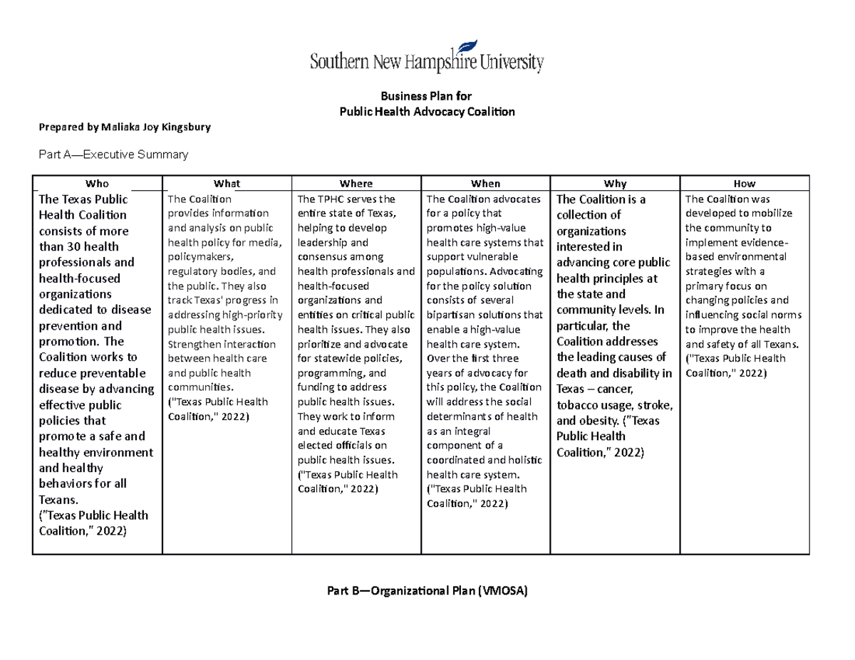 PHE 610 Business Plan for Public Health Advocacy Coalition Final ...