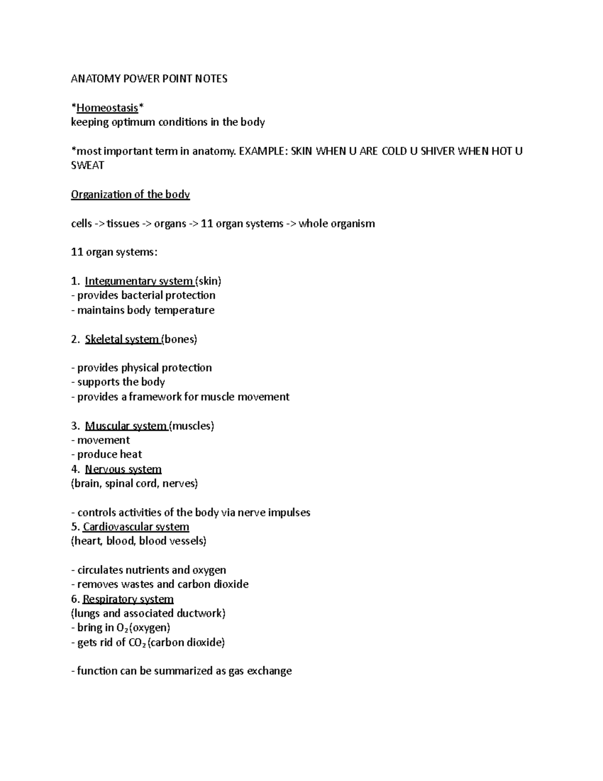 Anatomy Power Point Notes - ANATOMY POWER POINT NOTES Homeostasis ...