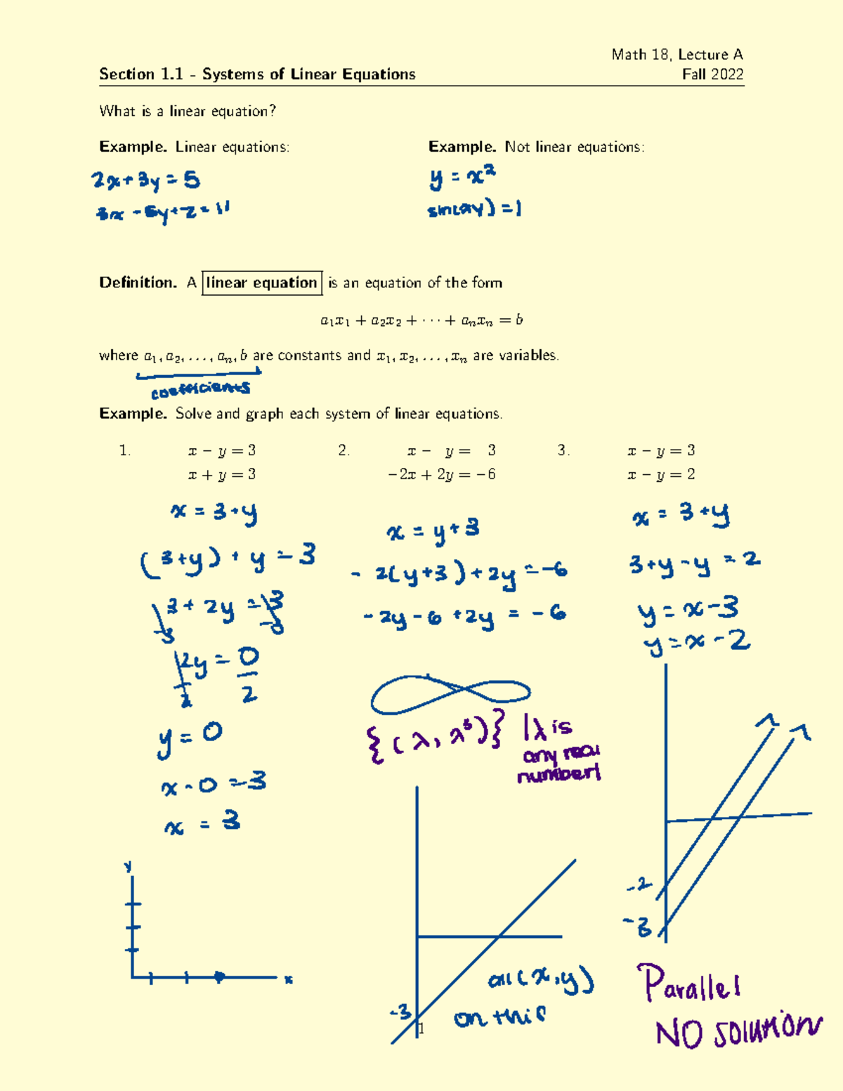 Math 18 Lecture Notes Section 1 Systems Of Linear Equations Fall 2022 What Is A Linear