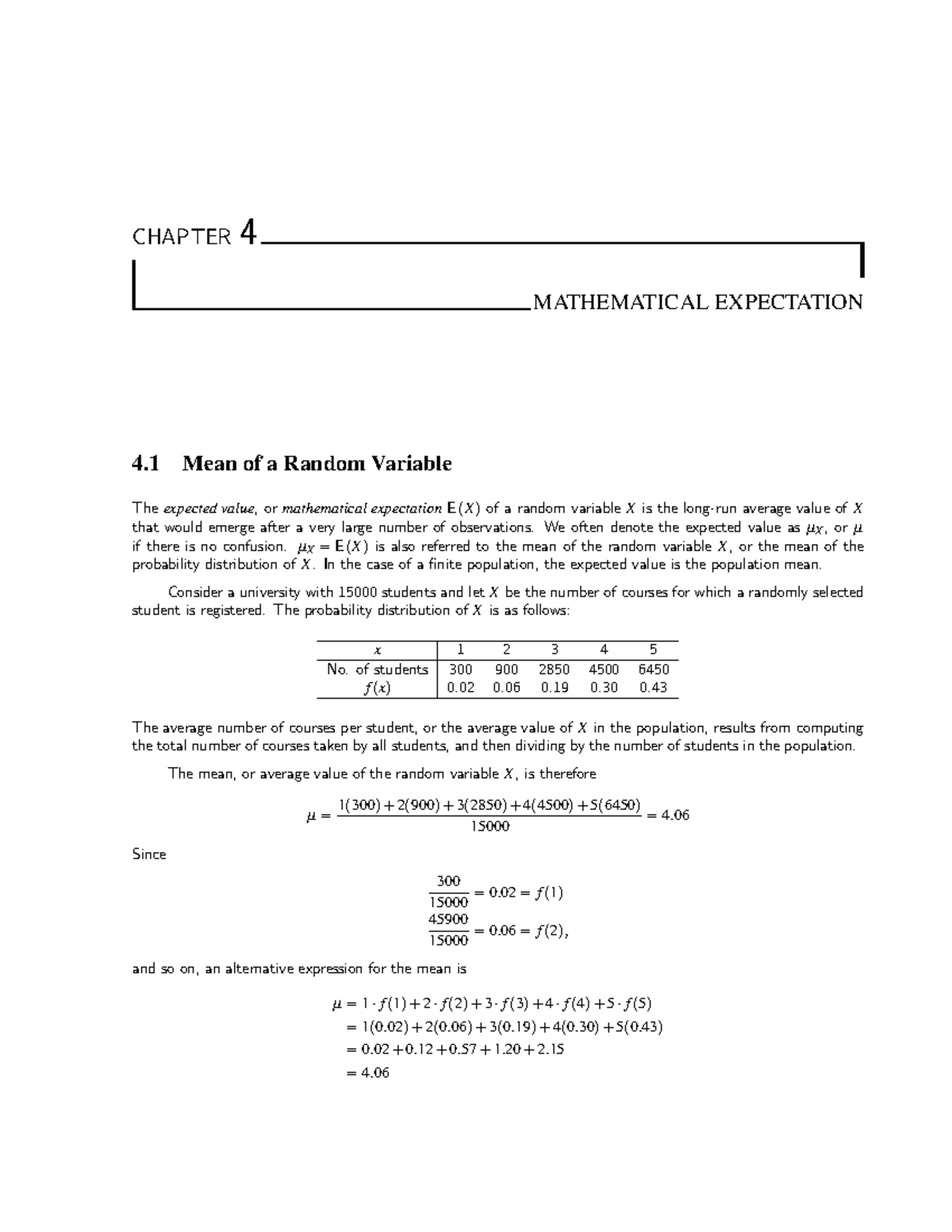 C04 mathexp - Notes - CHAPTER 4 MATHEMATICAL EXPECTATION 4 Mean of a ...