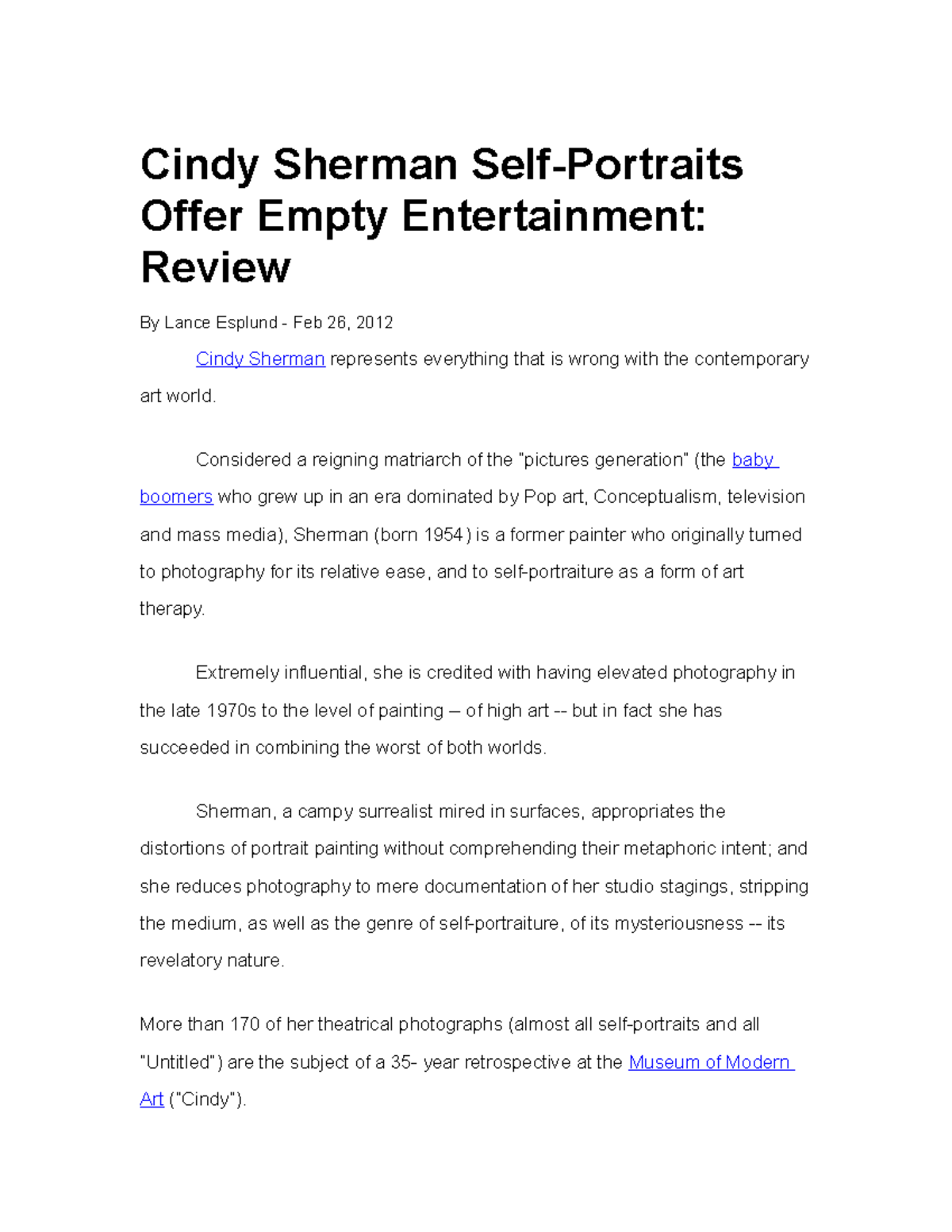 Sample Exhibition Critique - Cindy Sherman Self-Portraits Offer Empty ...