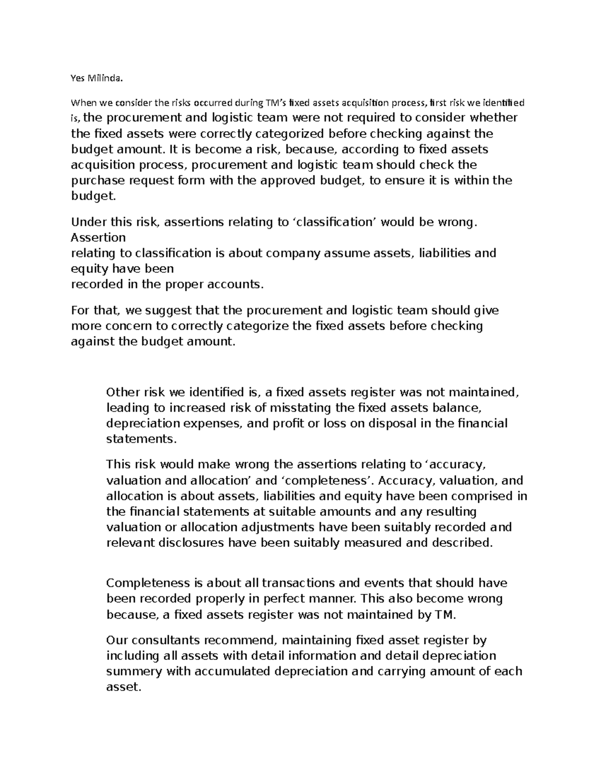 Script for presentation of audit risk and assertions. - Yes Milinda ...