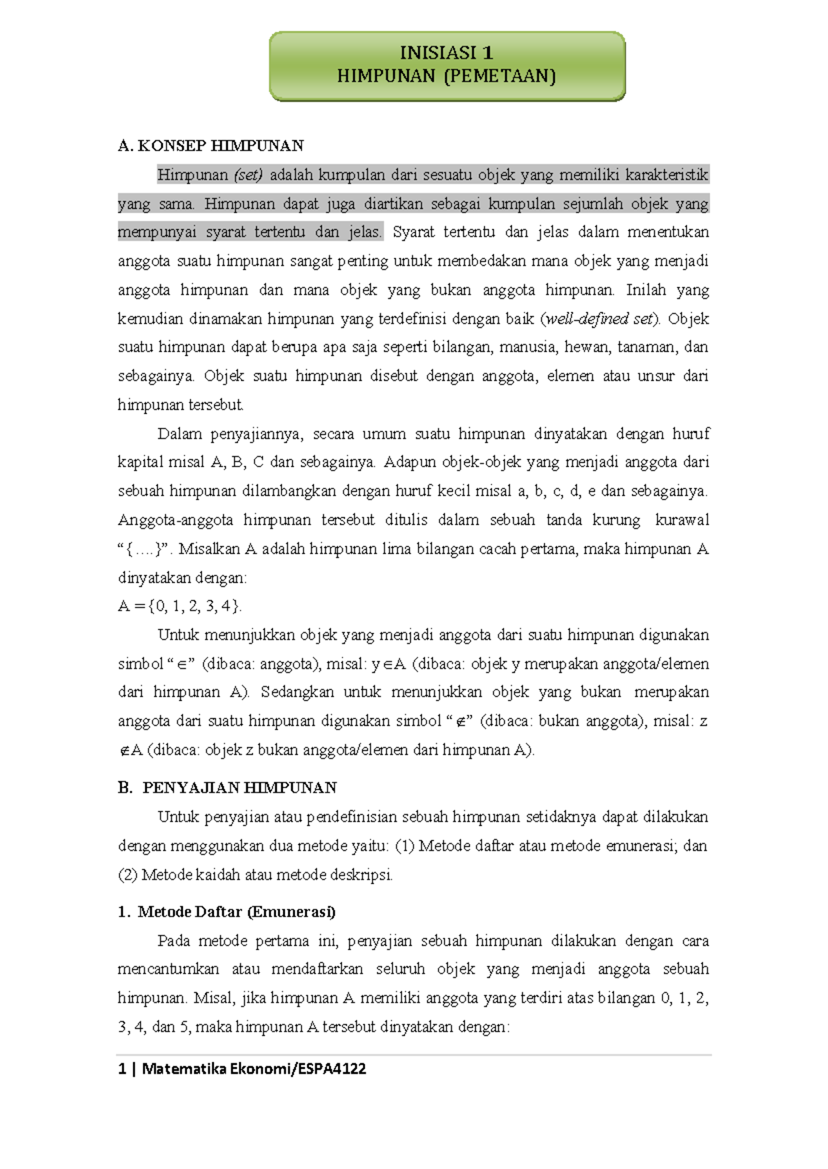 Materi Inisiasi 1 (Himpunan) - HIMPUNAN (PEMETAAN) A. KONSEP HIMPUNAN ...