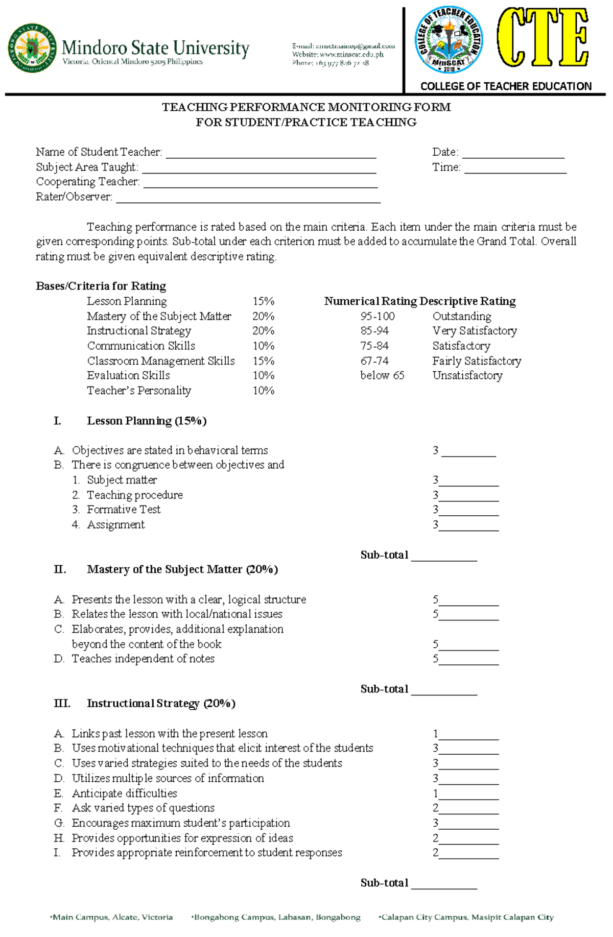Criteria for Demo Teaching 1 - COLLEGE OF TEACHER EDUCATION TEACHING ...
