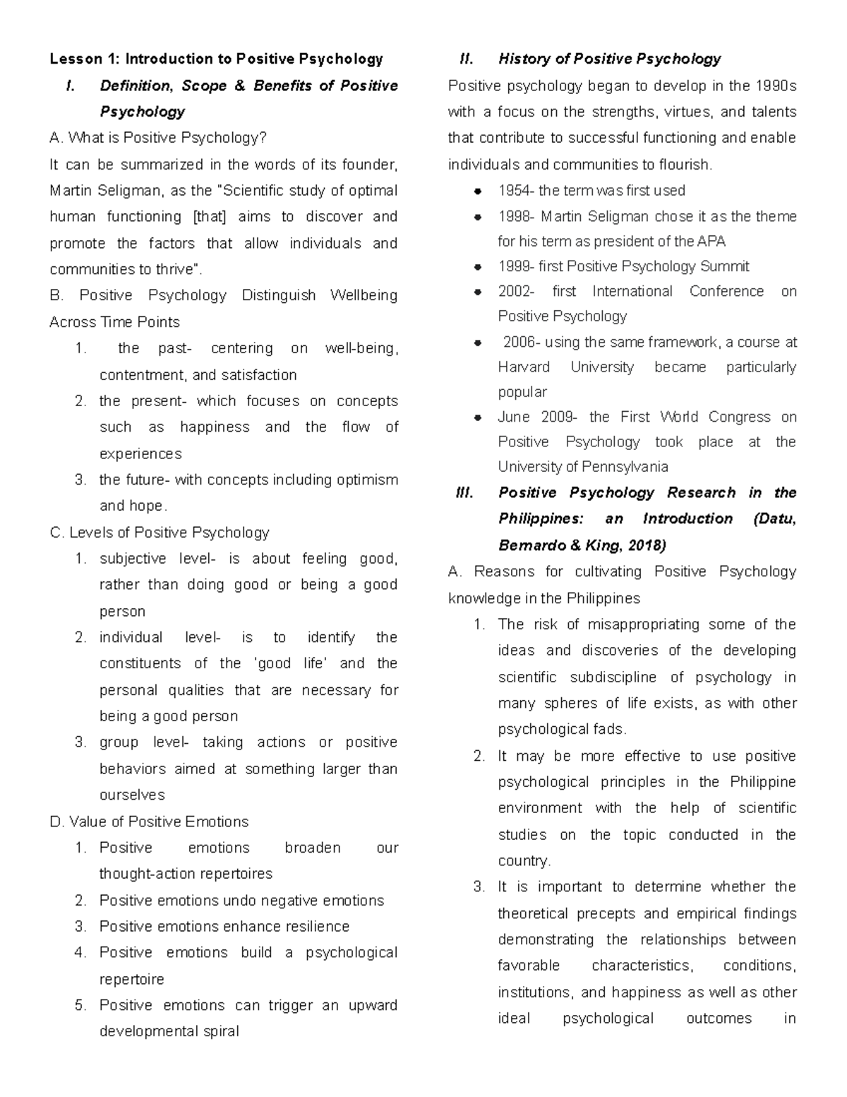 Positive psych- outline - Lesson 1: Introduction to Positive Psychology ...