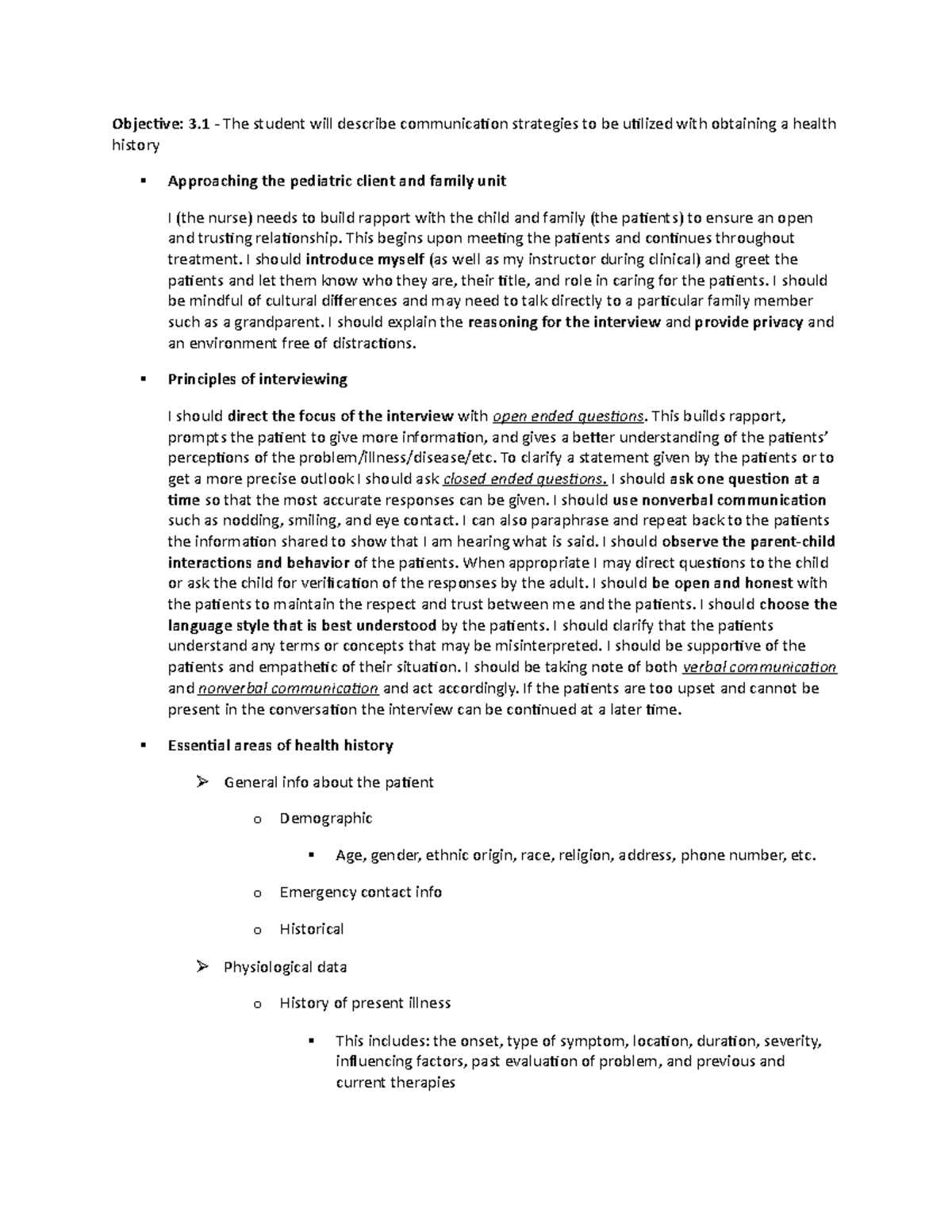 Physical Assessment notes - Objective: 3 - The student will describe ...