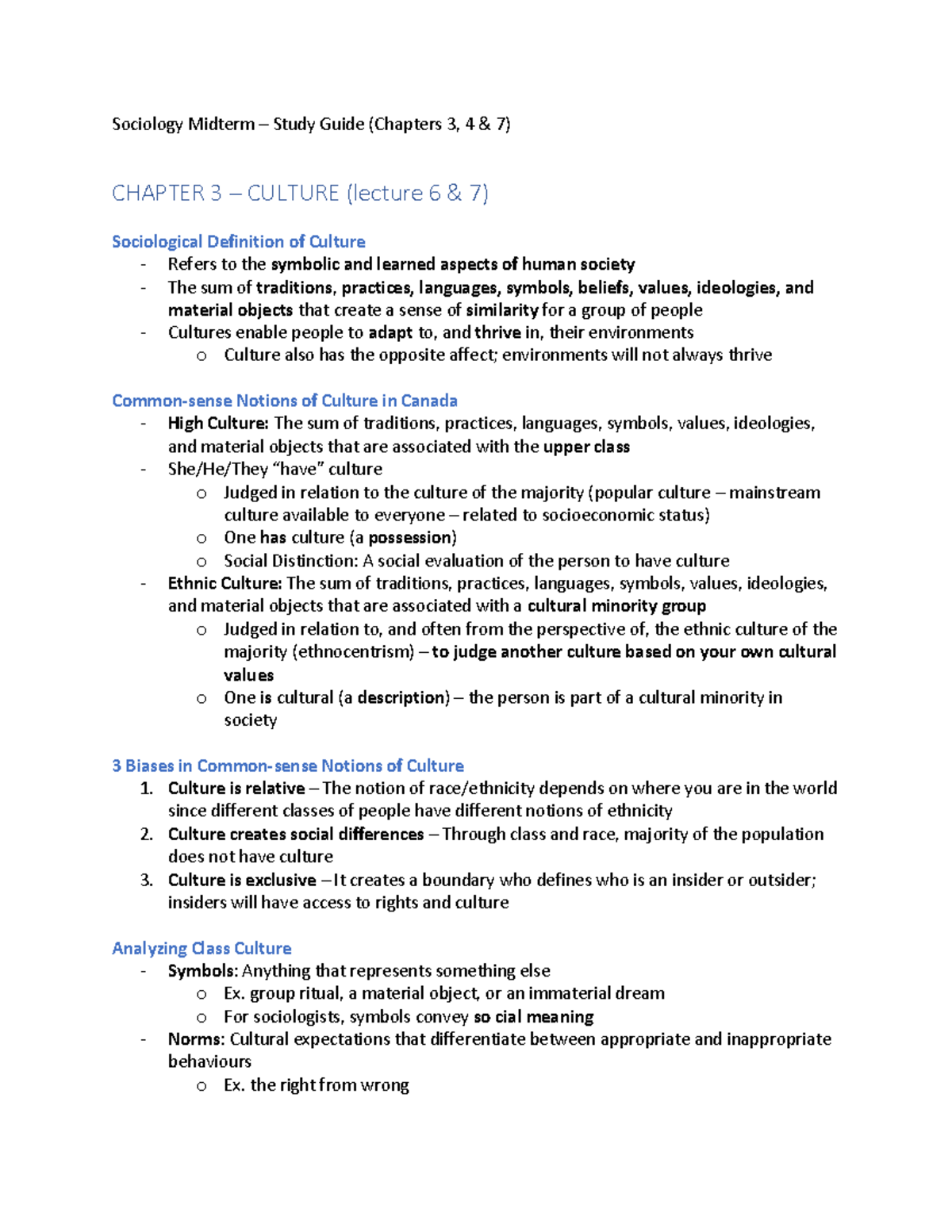Sociology Midterm – Study Guide - Sociology Midterm – Study Guide (Chapters 3, 4 & 7) CHAPTER 3 ...