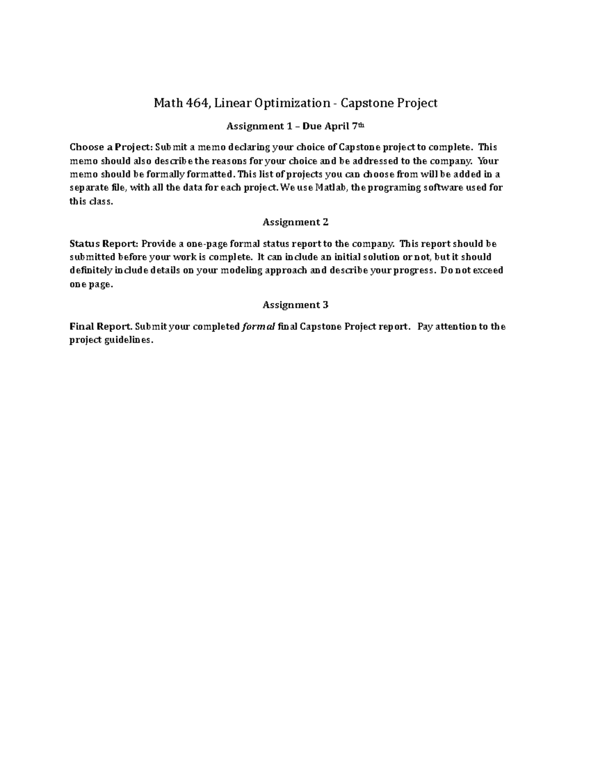 Math 464 - Capstone Project - Math 464, Linear Optimization - Capstone ...