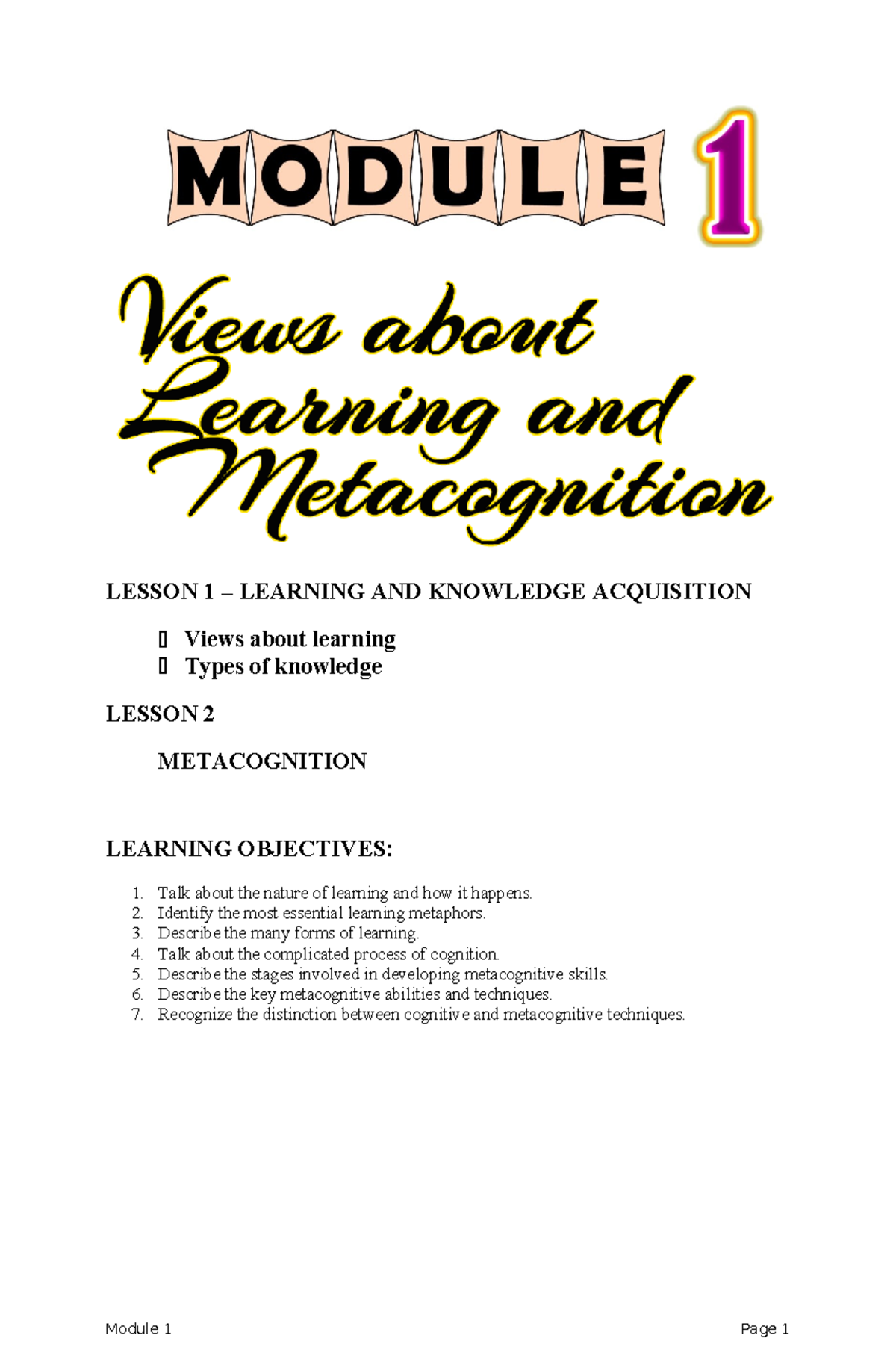 Module-1 - For school - LESSON 1 – LEARNING AND KNOWLEDGE ACQUISITION ...