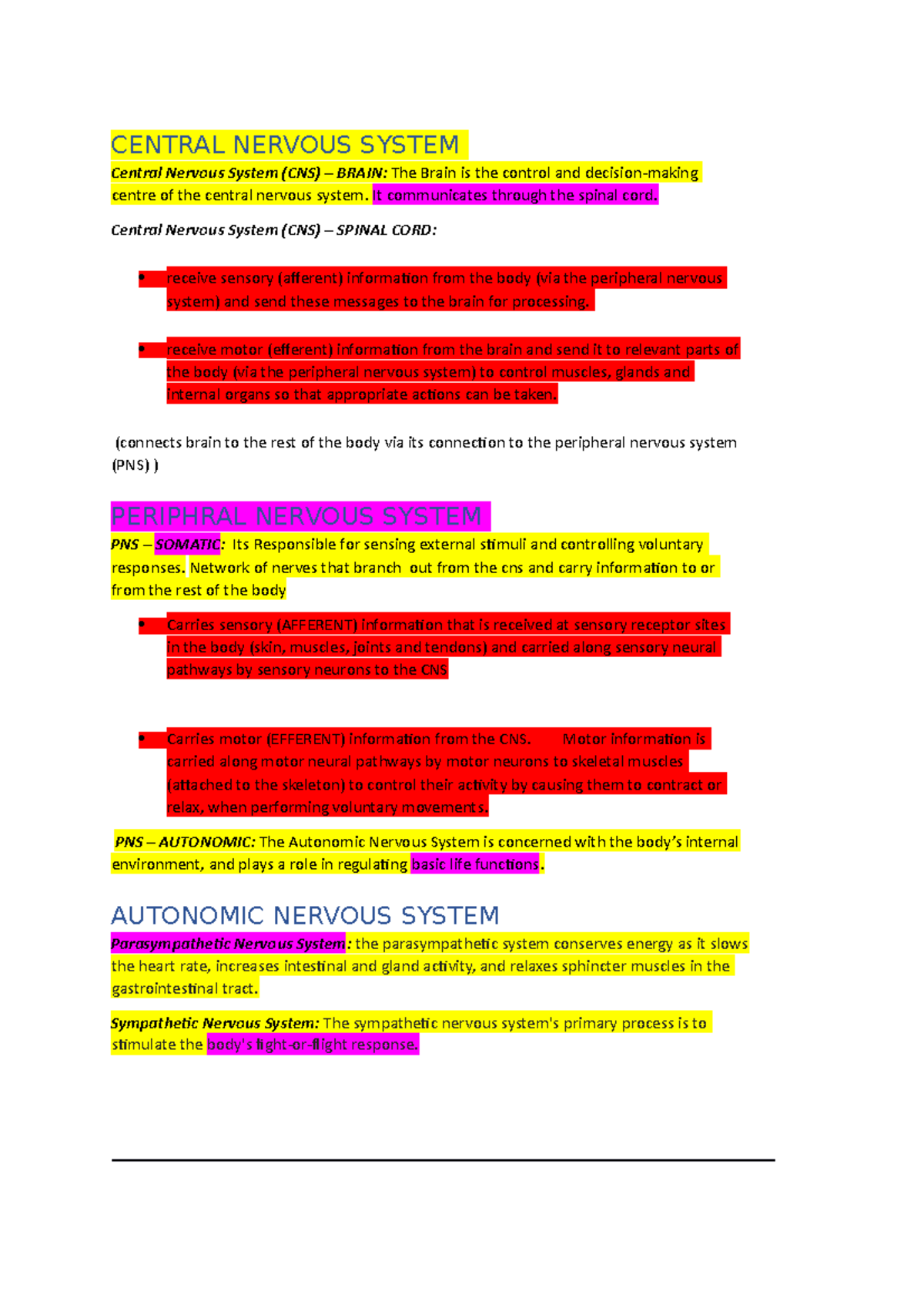 Pschology notes - CENTRAL NERVOUS SYSTEM Central Nervous System (CNS ...