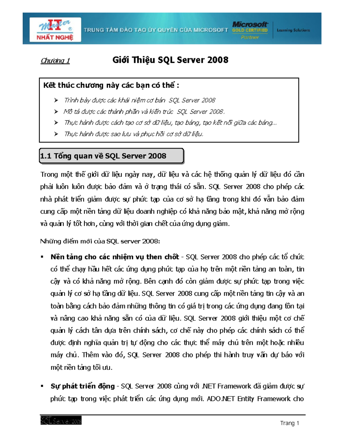 Giao Trinh Sql Server 2008 Nhat Nghe Chương 1 Giới Thiệu Sql Server 2008 Trong Một Thế Giới Dữ
