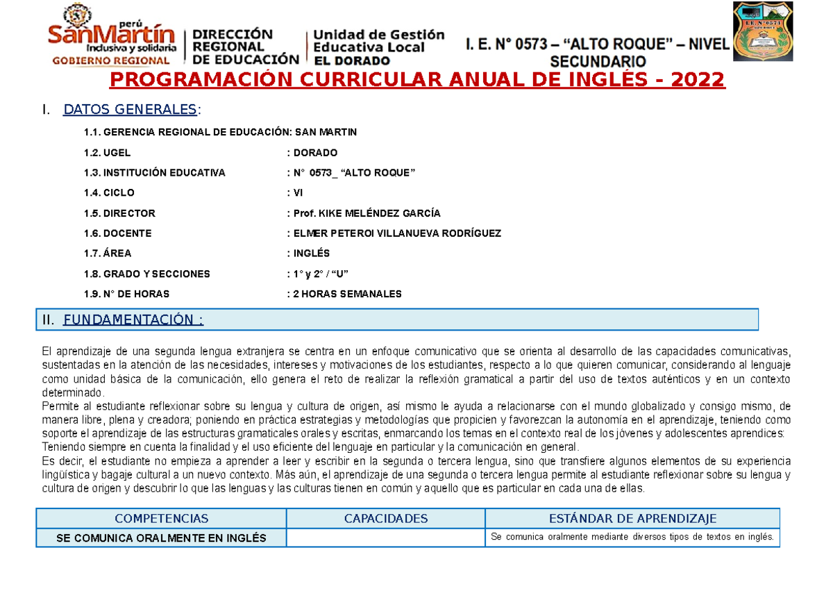 1º- Program. Anual-Inglés- 2022 ALTO Roque - PROGRAMACIÓN CURRICULAR ANUAL DE INGLÉS - 2022 I ...